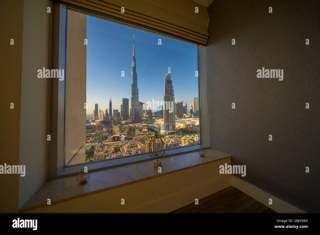 View on the Burj Khalifa from the window of an elegant Dubai home Stock ...
