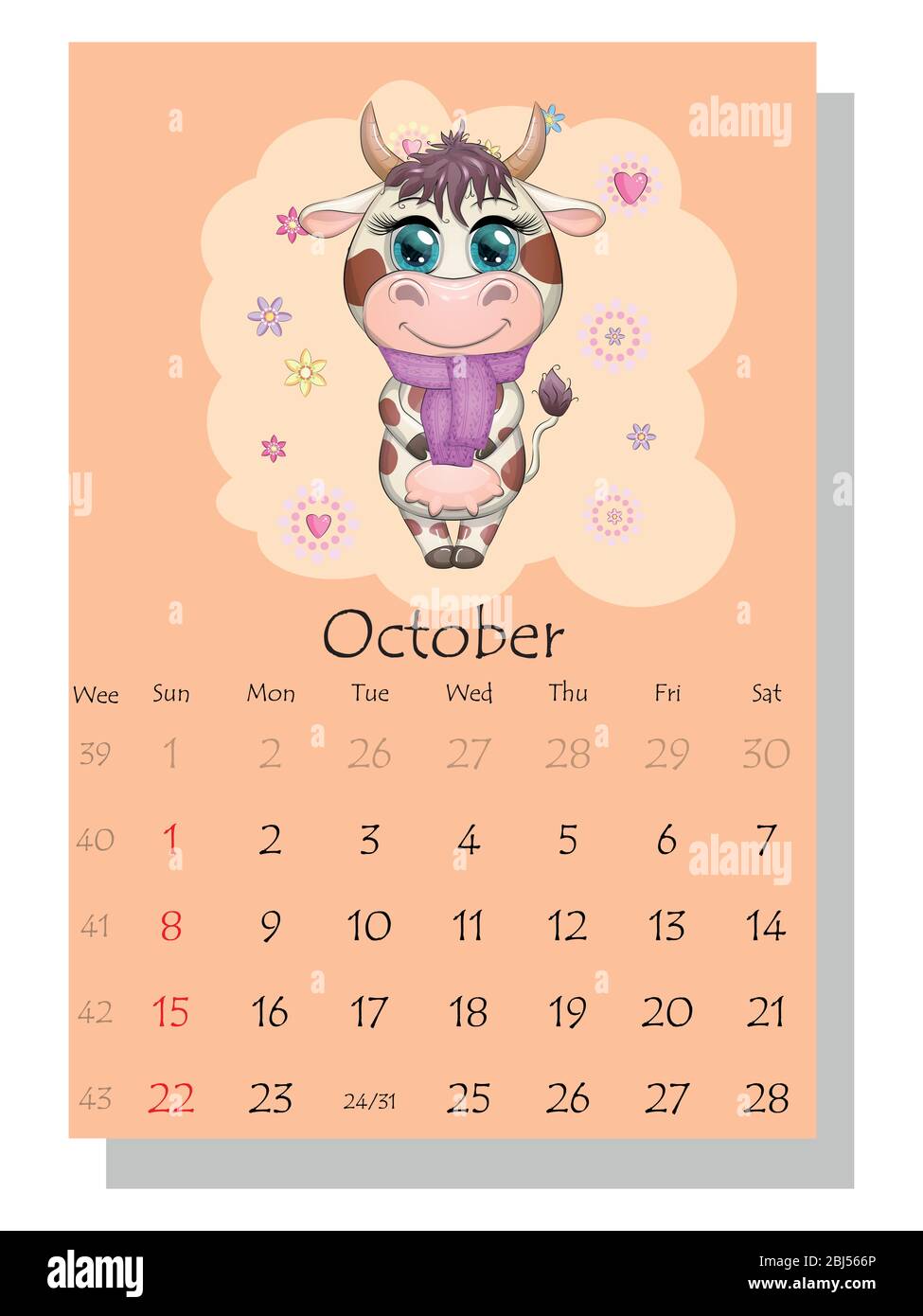 Calendar 2021. Cute bull and cow for every month Stock Vector Image ...