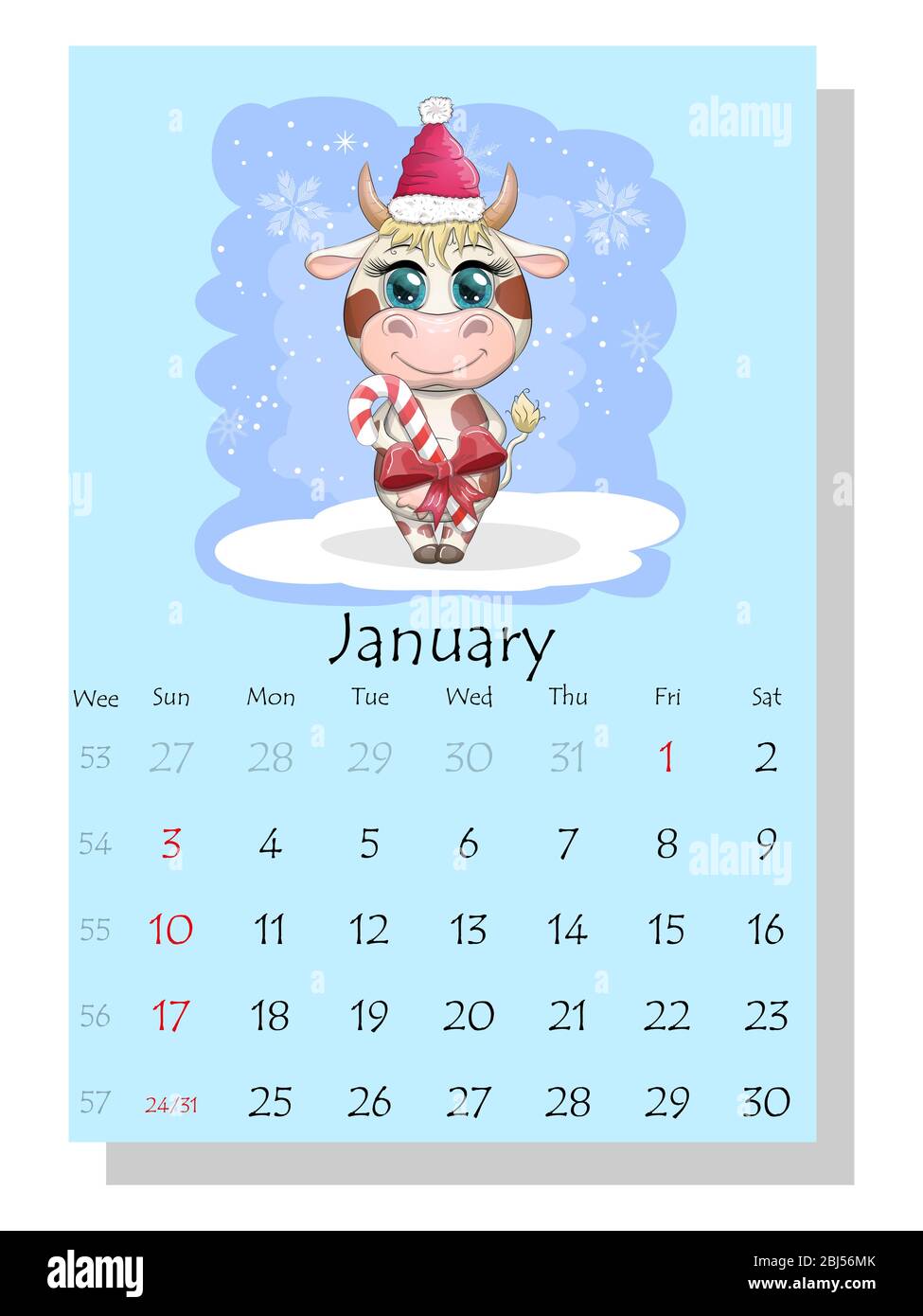 Calendar 2021. Cute bull and cow for every month Stock Vector Image ...