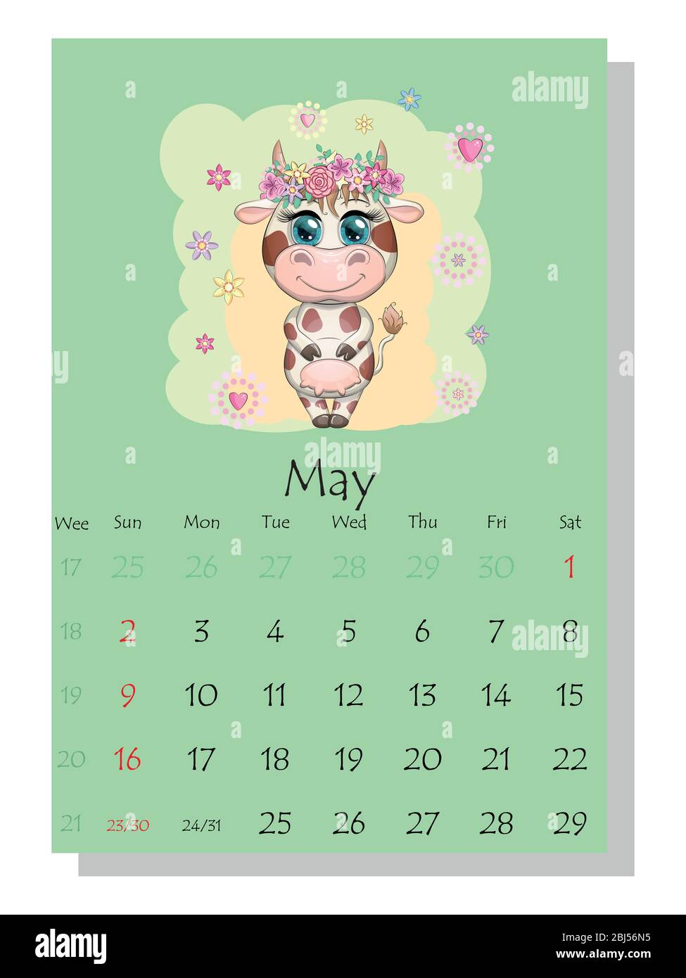 Calendar 2021. Cute bull and cow for every month Stock Vector Image ...