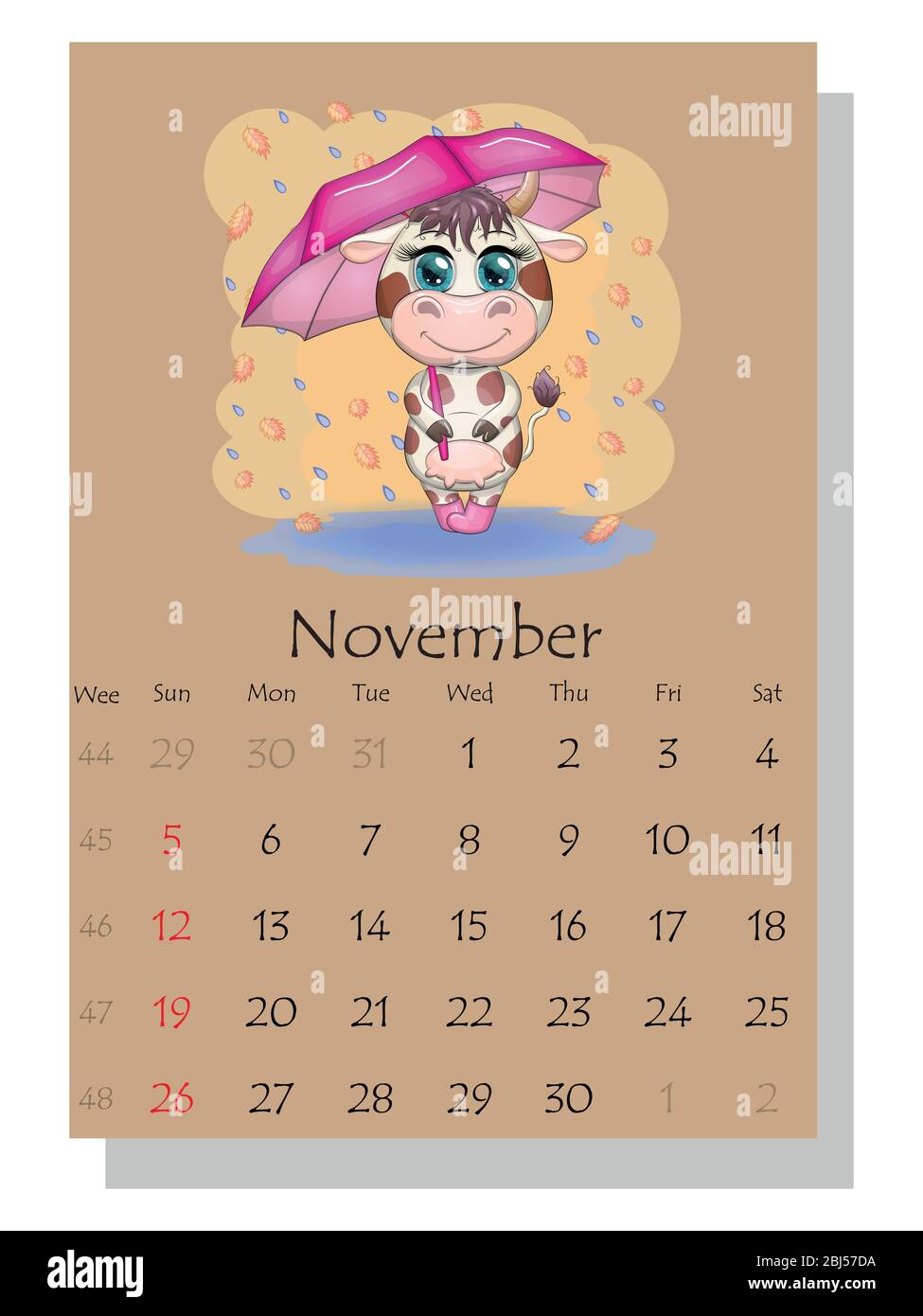 Calendar 2021. Cute bull and cow for every month Stock Vector Image ...