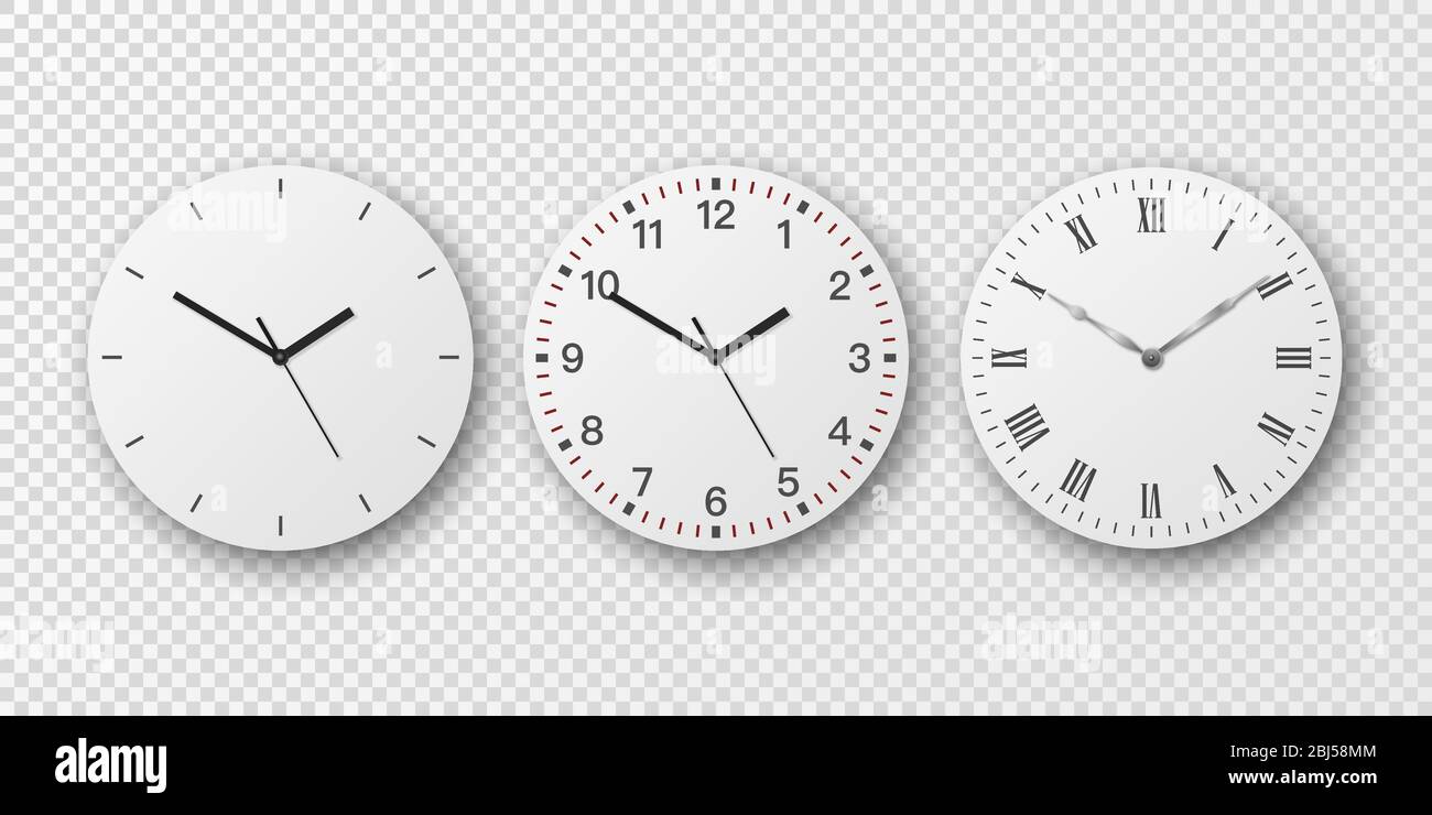 Vector 3d Realistic Simple Round Wall Office Clock Set. White Dial ...