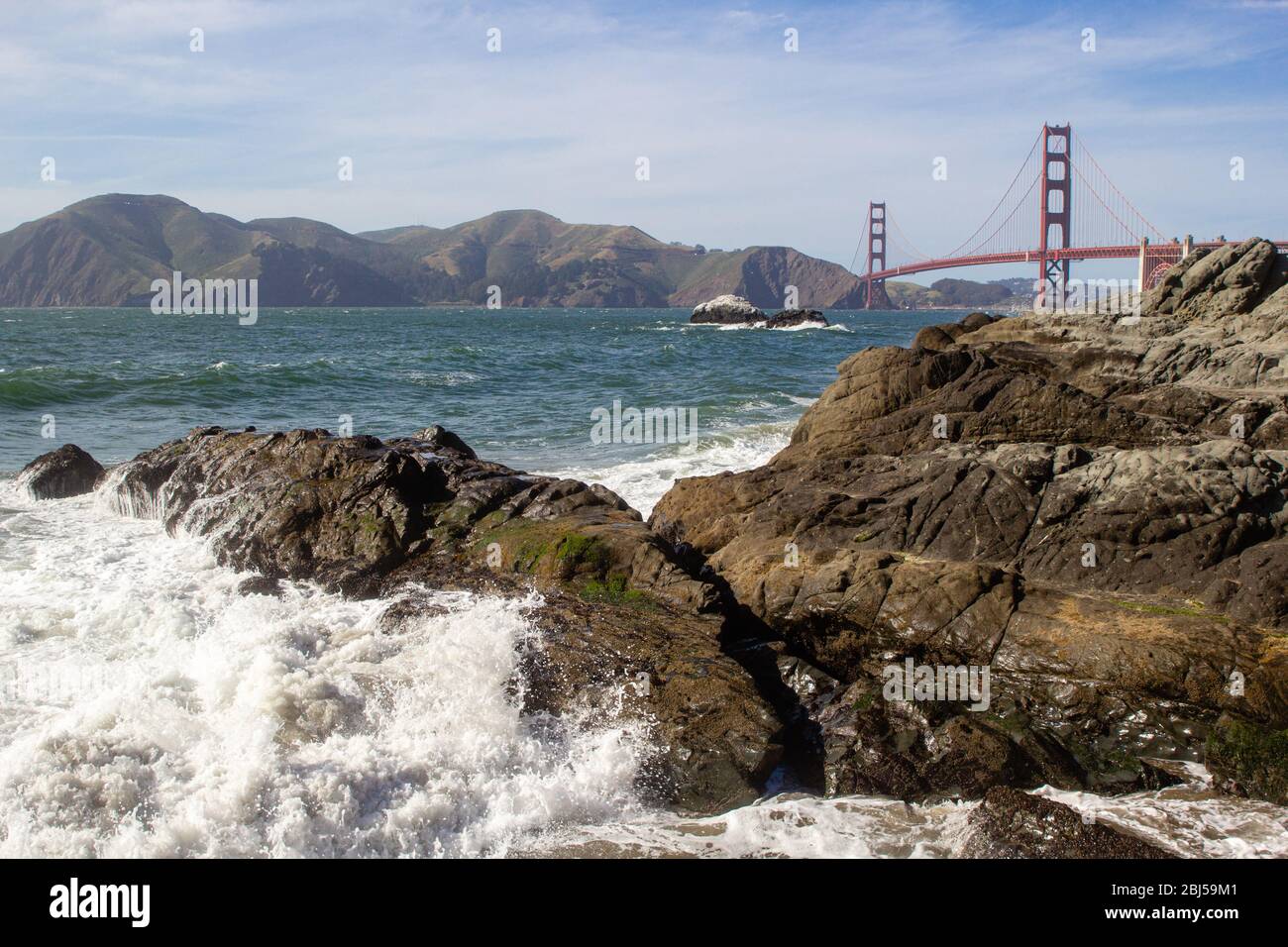 Scenic panorama of Golden Gate Bridge view from Baker Beach with ...