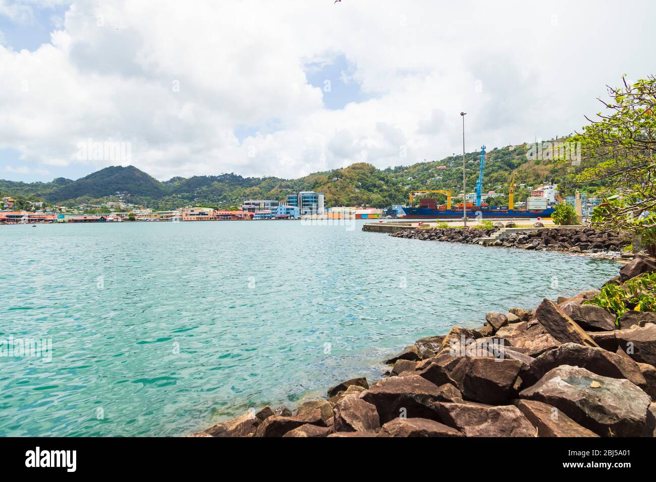 Castries, Saint Lucia - April 15 2020 : the Castries harbor surrounded ...