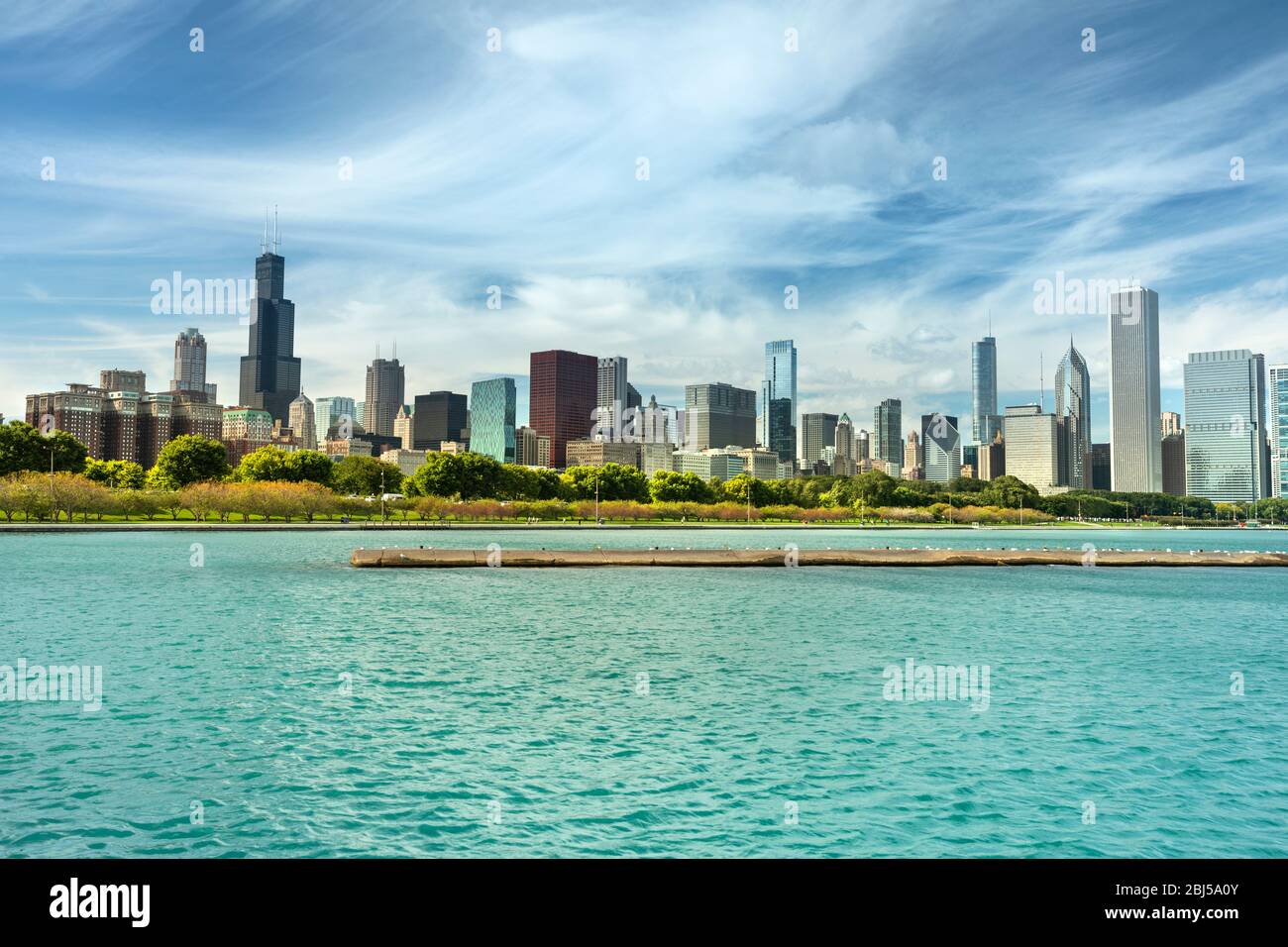 Chicago cityscape looking out from the Adler Planetarium across Lake ...