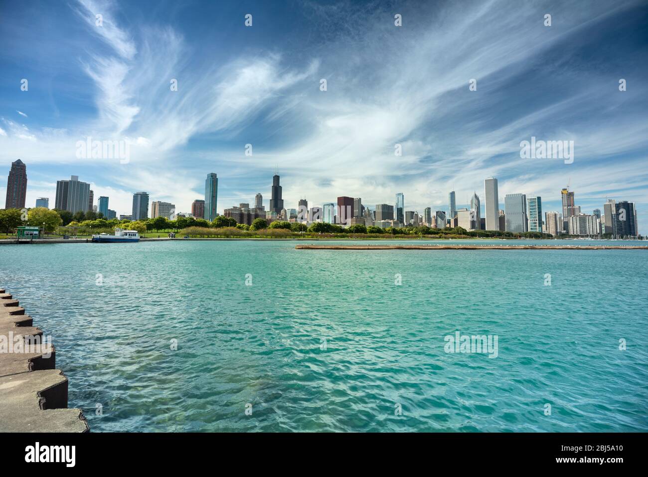 Chicago cityscape looking out from the Adler Planetarium across Lake ...