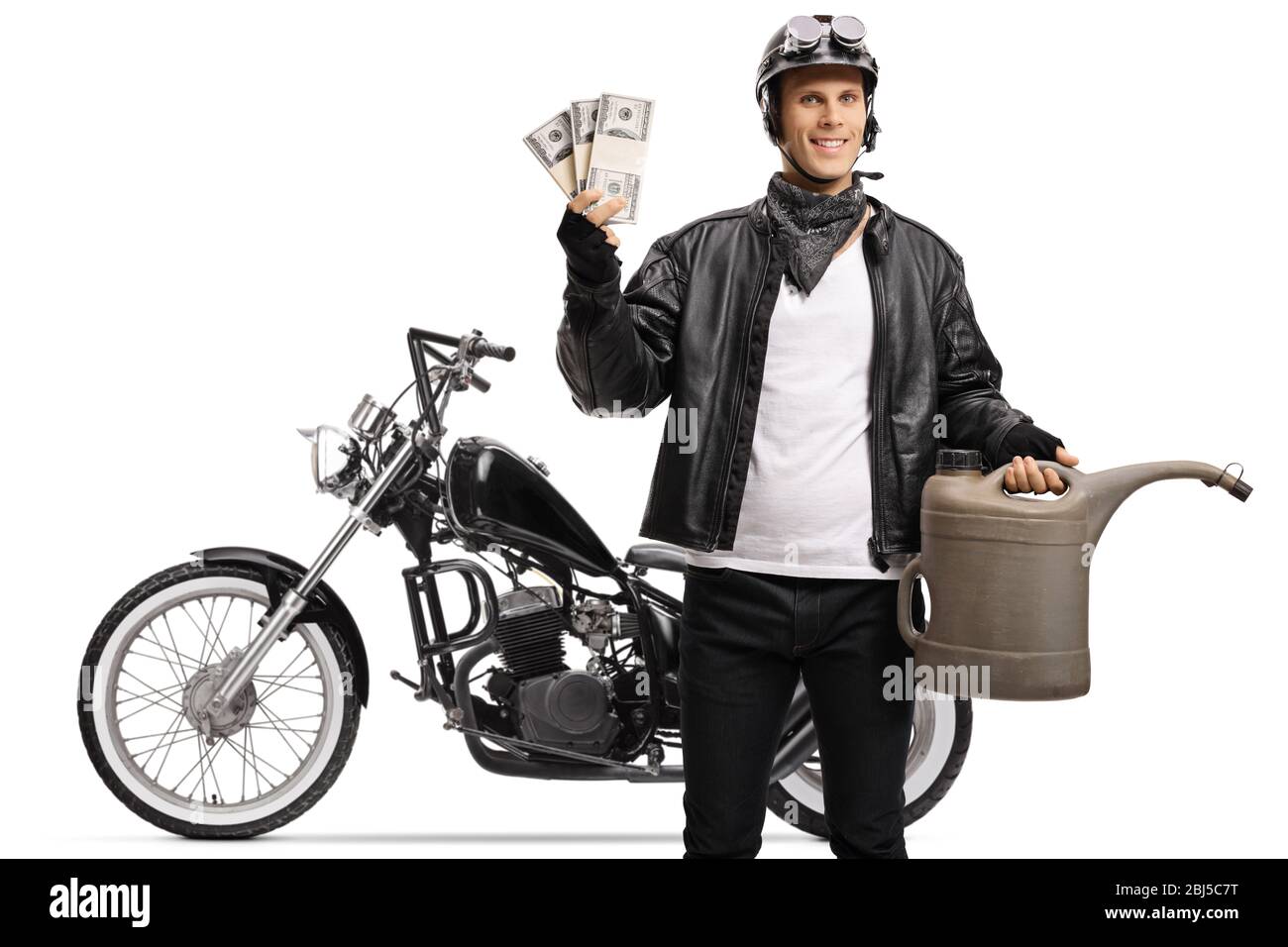 Biker with a chopper holding a gas container and money isolated on ...