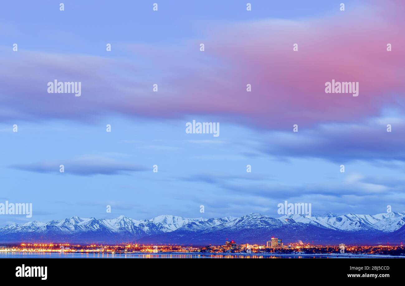 Anchorage Alaska skyline with Chugach mountains in background at sunset ... Anchorage Alaska skyline with Chugach mountains in background at sunset ...
