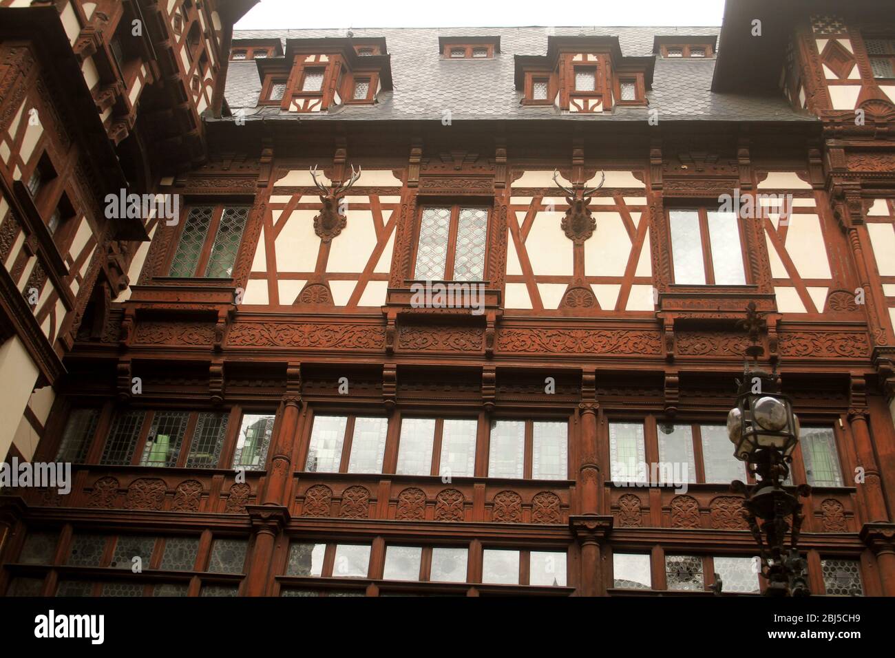 Half-timbered facade of the Peles Castle, Romania Stock Photo - Alamy