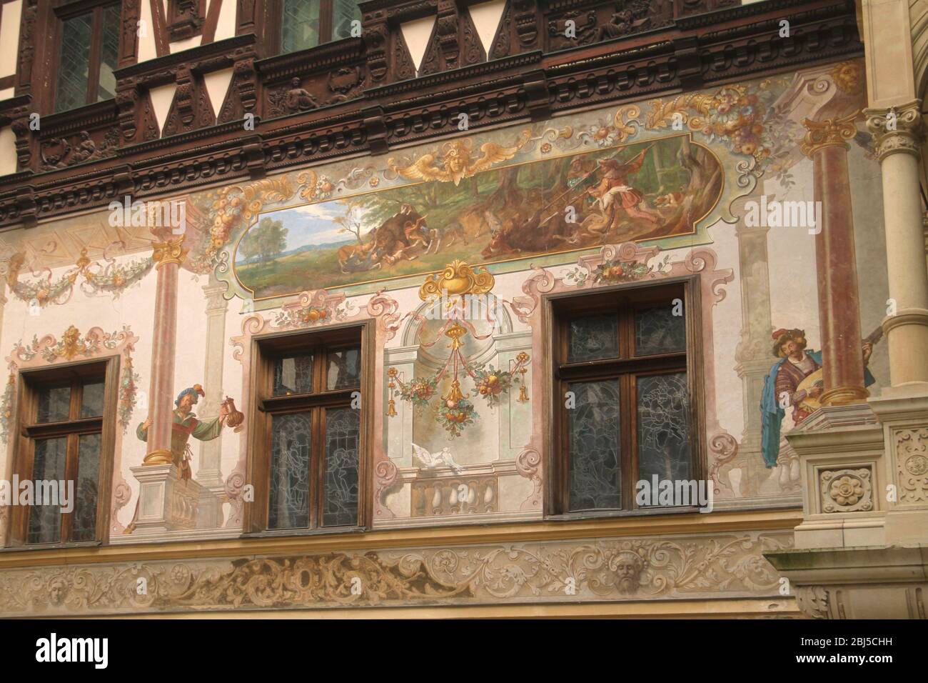 Peles Castle, Romania. Medieval-themed mural on the interior courtyard ...