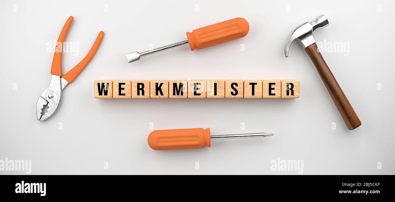 set of tools and cubes with German message for FOREMAN on white ...