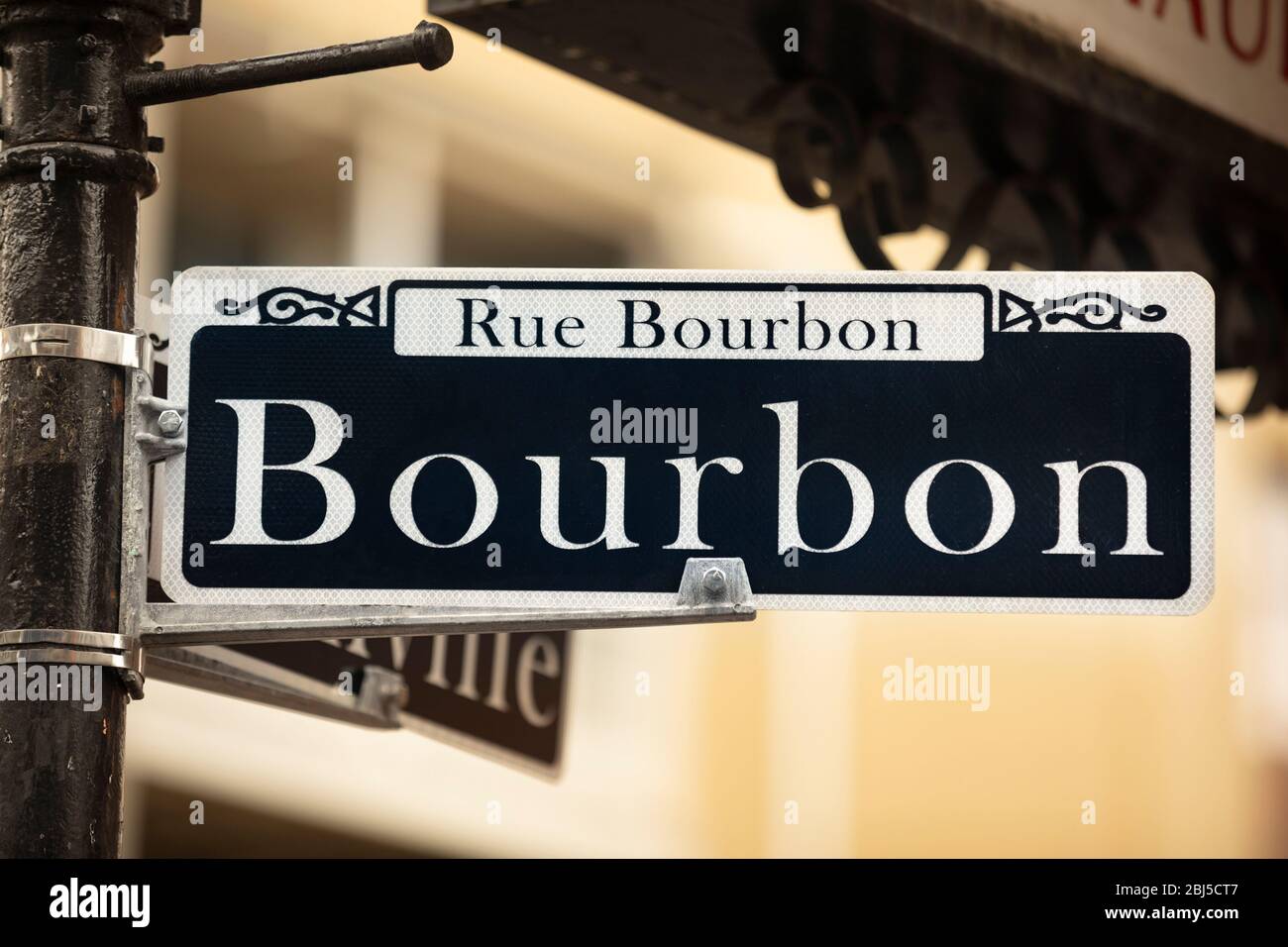 Bourbon Street road sign hangs in the French Quarter of New Orleans ...