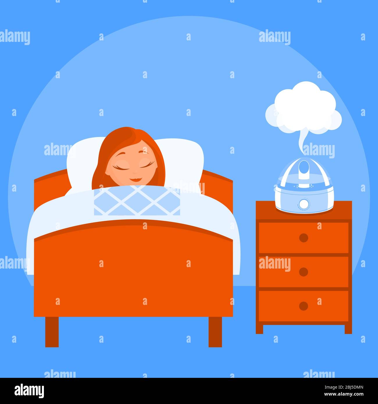 The girl sleeps sweetly in bed. A humidifier works on the bedside table ...