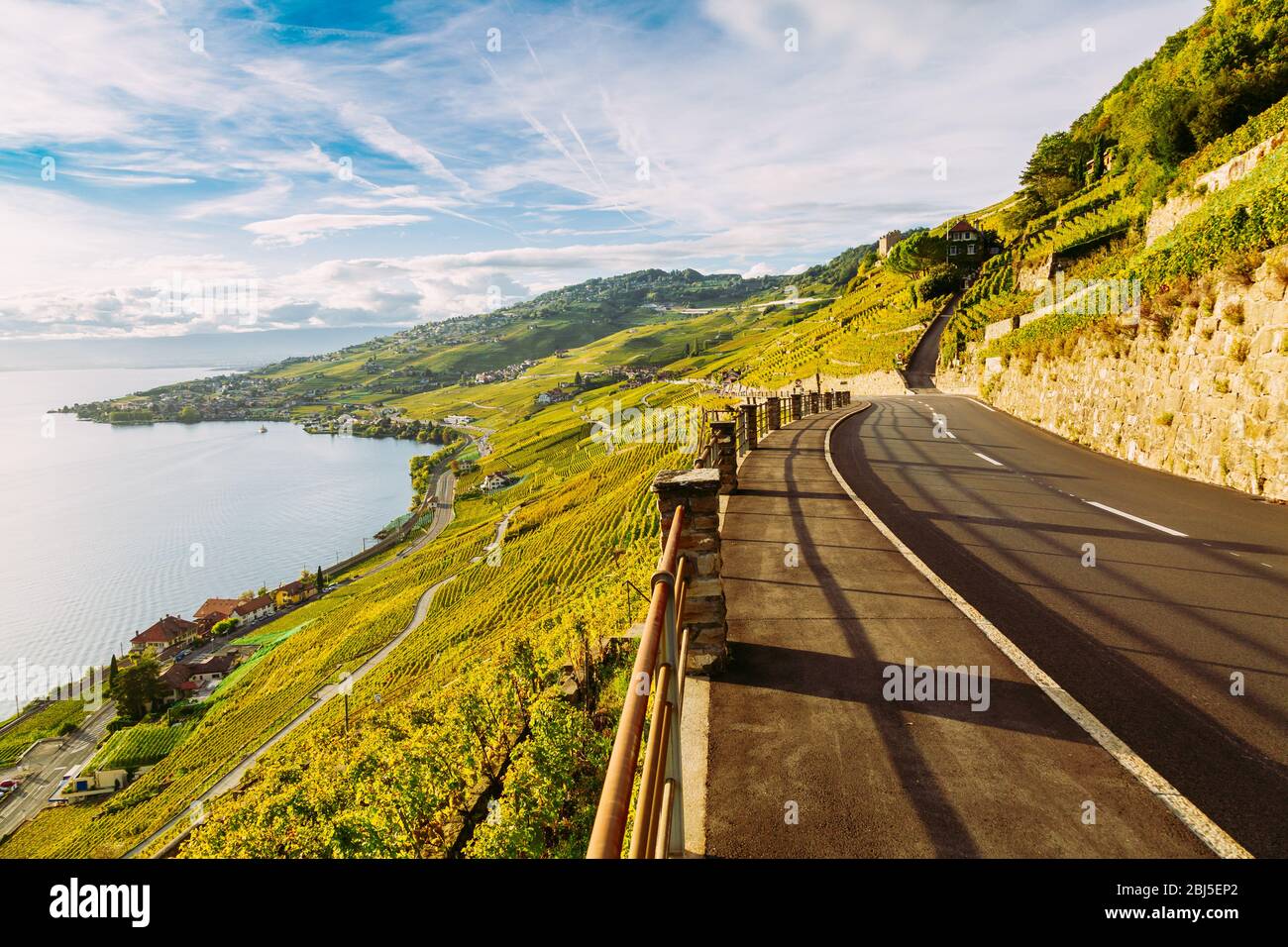 Lavaux, Switzerland: Lake Geneva and the Swiss Alps landscape seen from ...