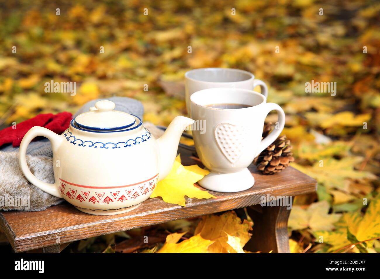 Autumn composition with hot beverage on nature background Stock Photo ...