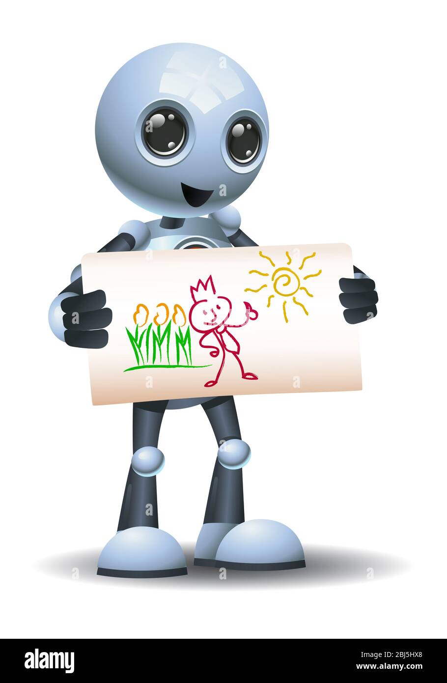 3d illustration of little robot playing drawing the kids on paper on ...