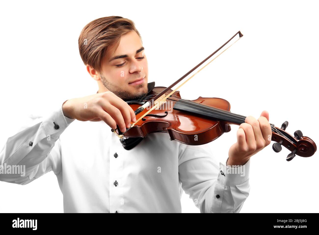 Handsome man plays violin isolated on white background, close up Stock ...
