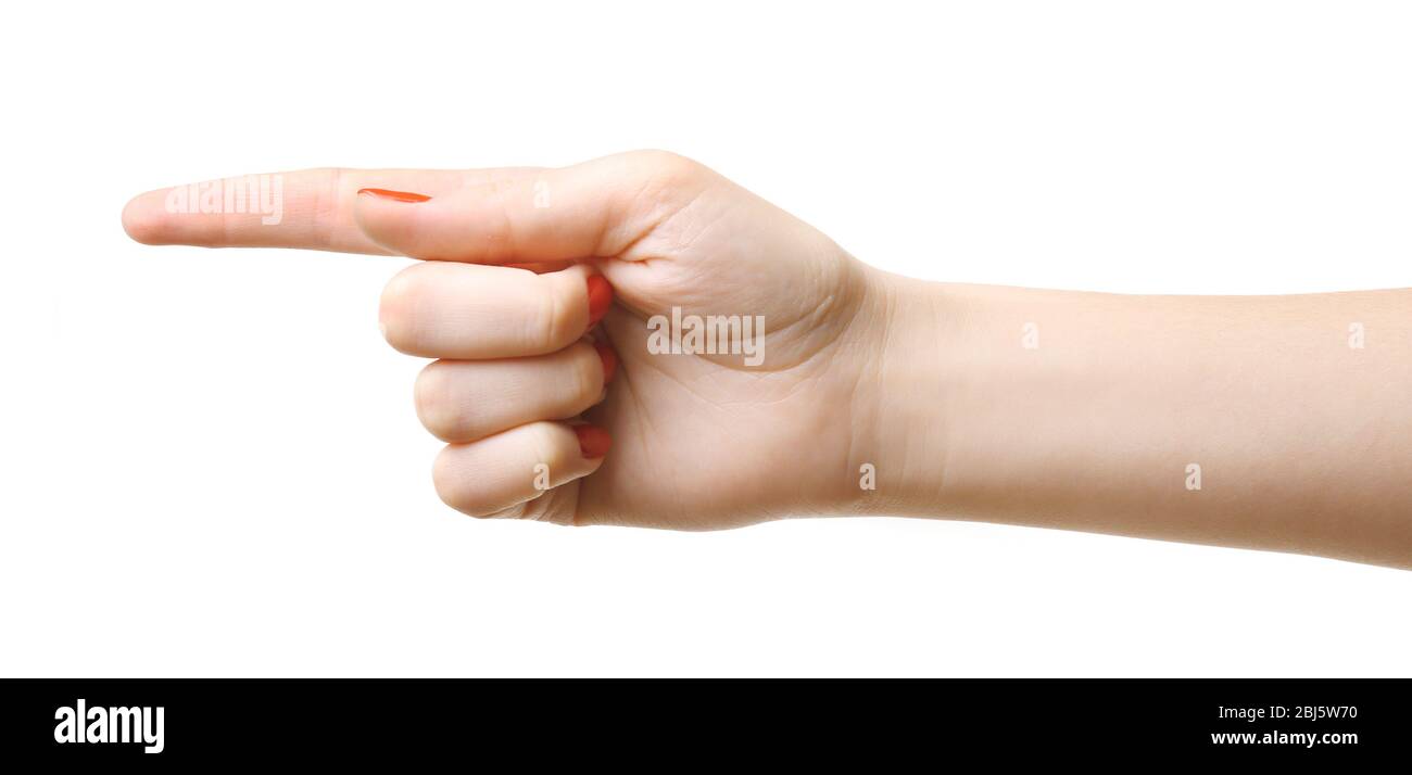 Woman hand making sign isolated on white background. Left Stock Photo ...
