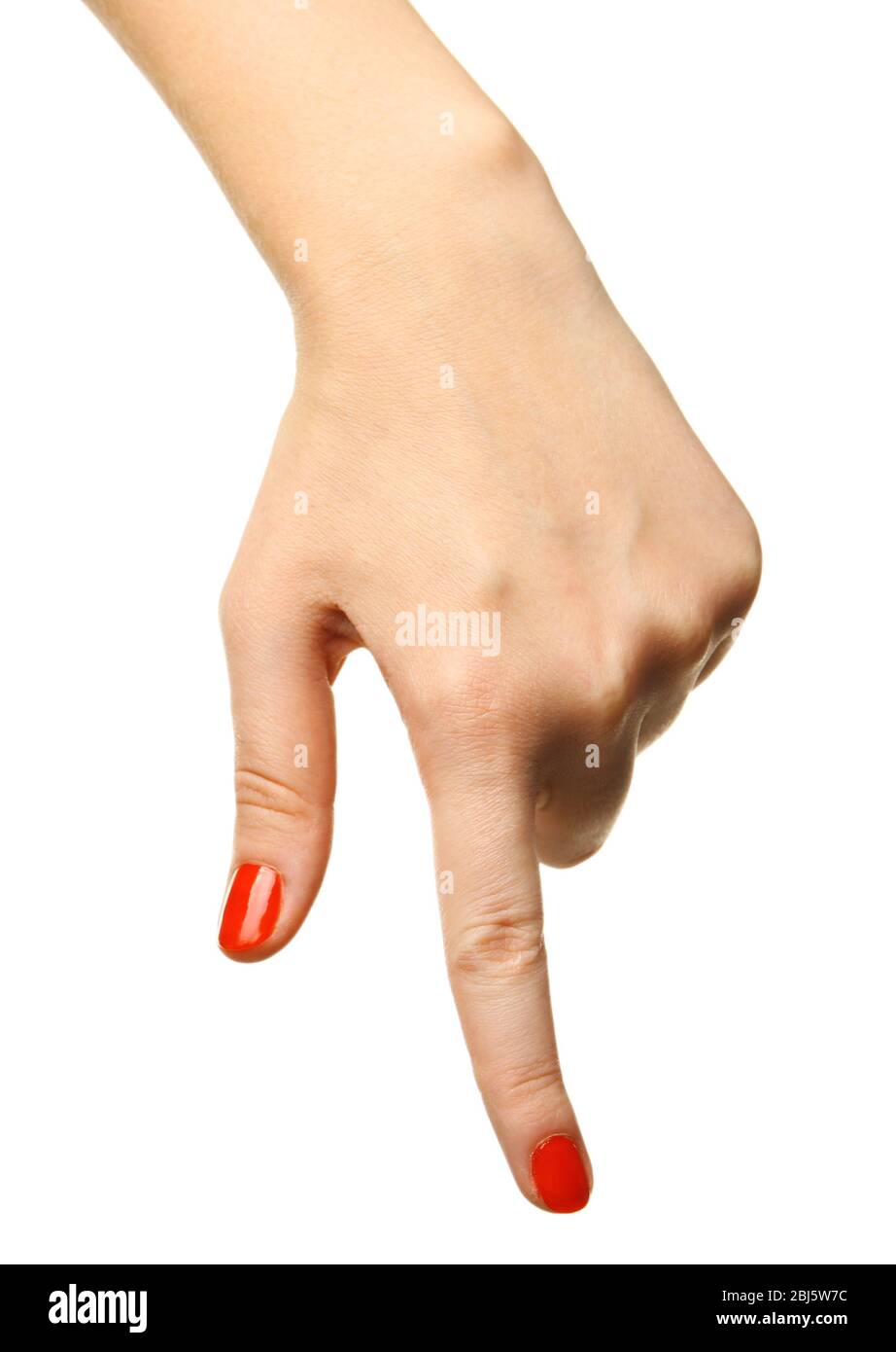 Woman hand making sign isolated on white background. Down Stock Photo ...
