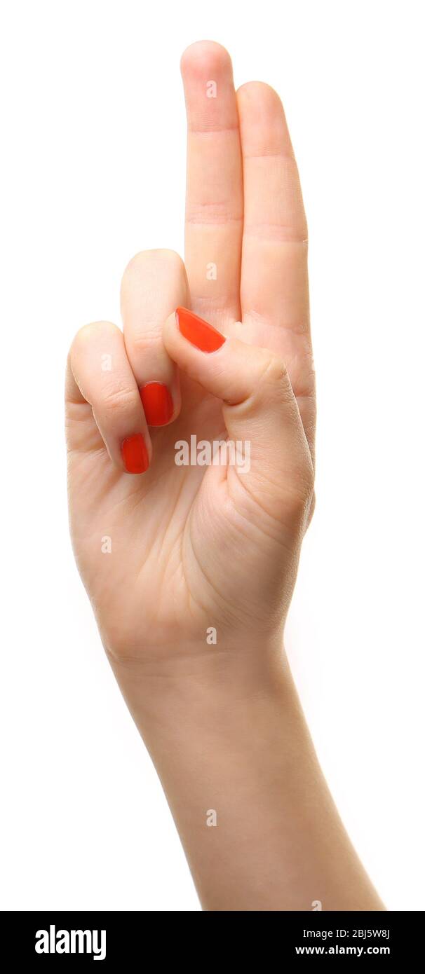 Woman hand making sign isolated on white background Stock Photo - Alamy