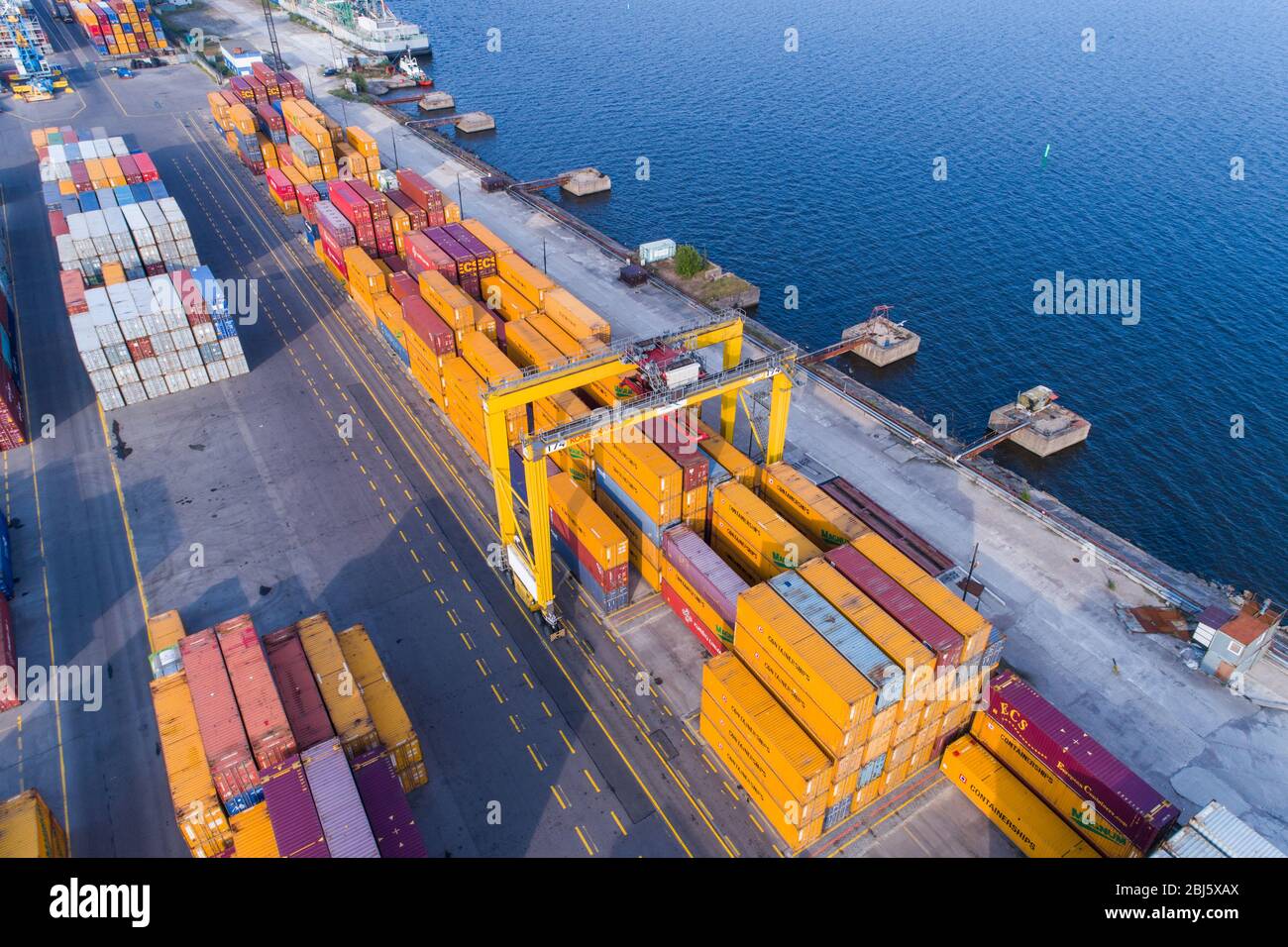 Aerial view of the container area in the port Stock Photo - Alamy