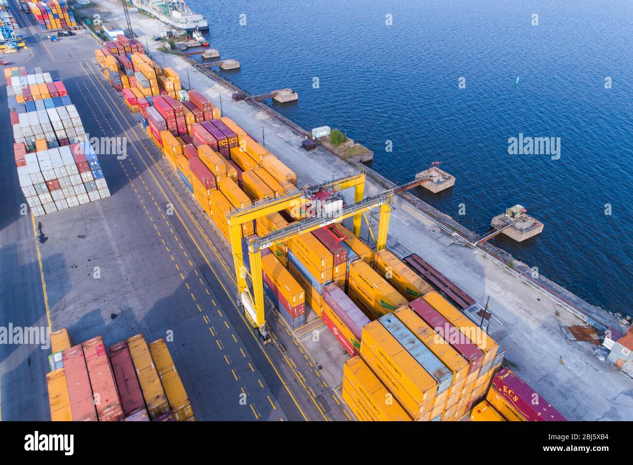 Aerial view of the container area in the port Stock Photo - Alamy