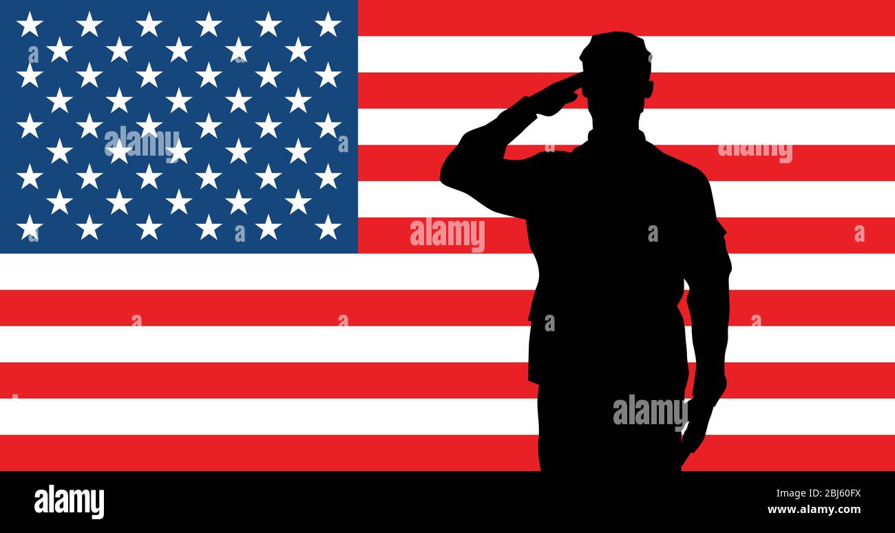 Soldiers silhouette saluting the USA flag for memorial day or veterans ...