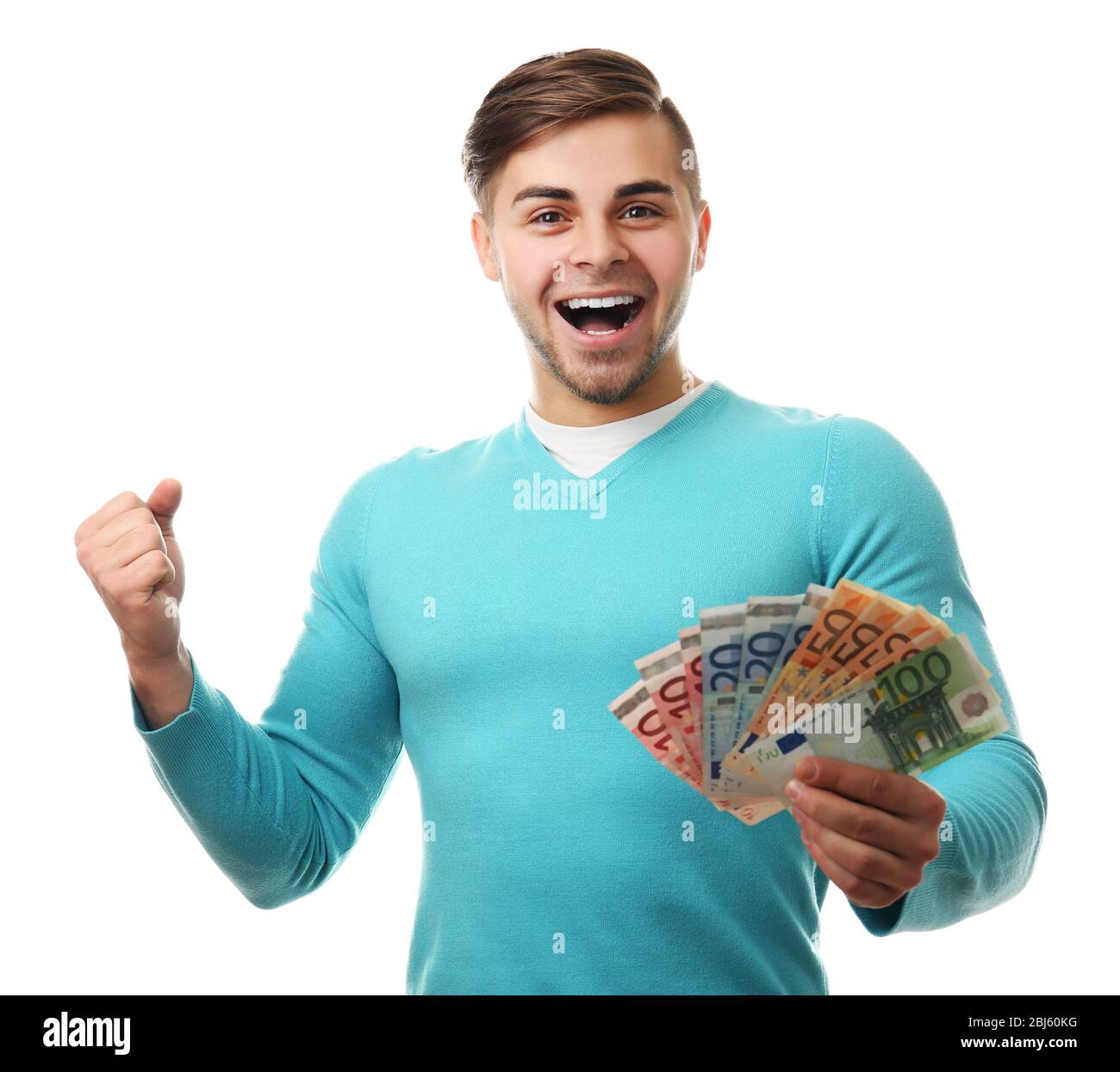 Man holding money isolated on white Stock Photo - Alamy