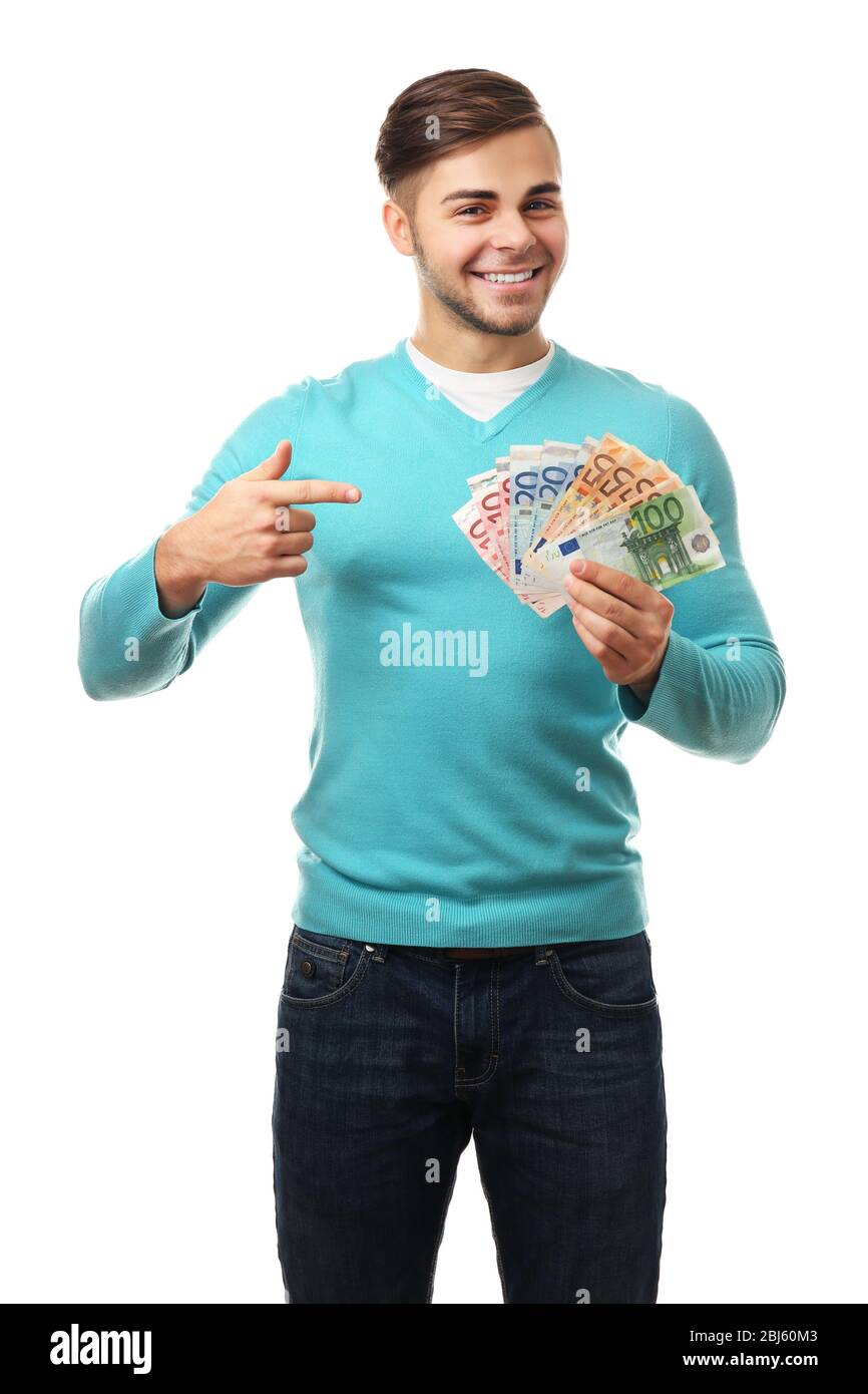 Man holding money isolated on white Stock Photo - Alamy