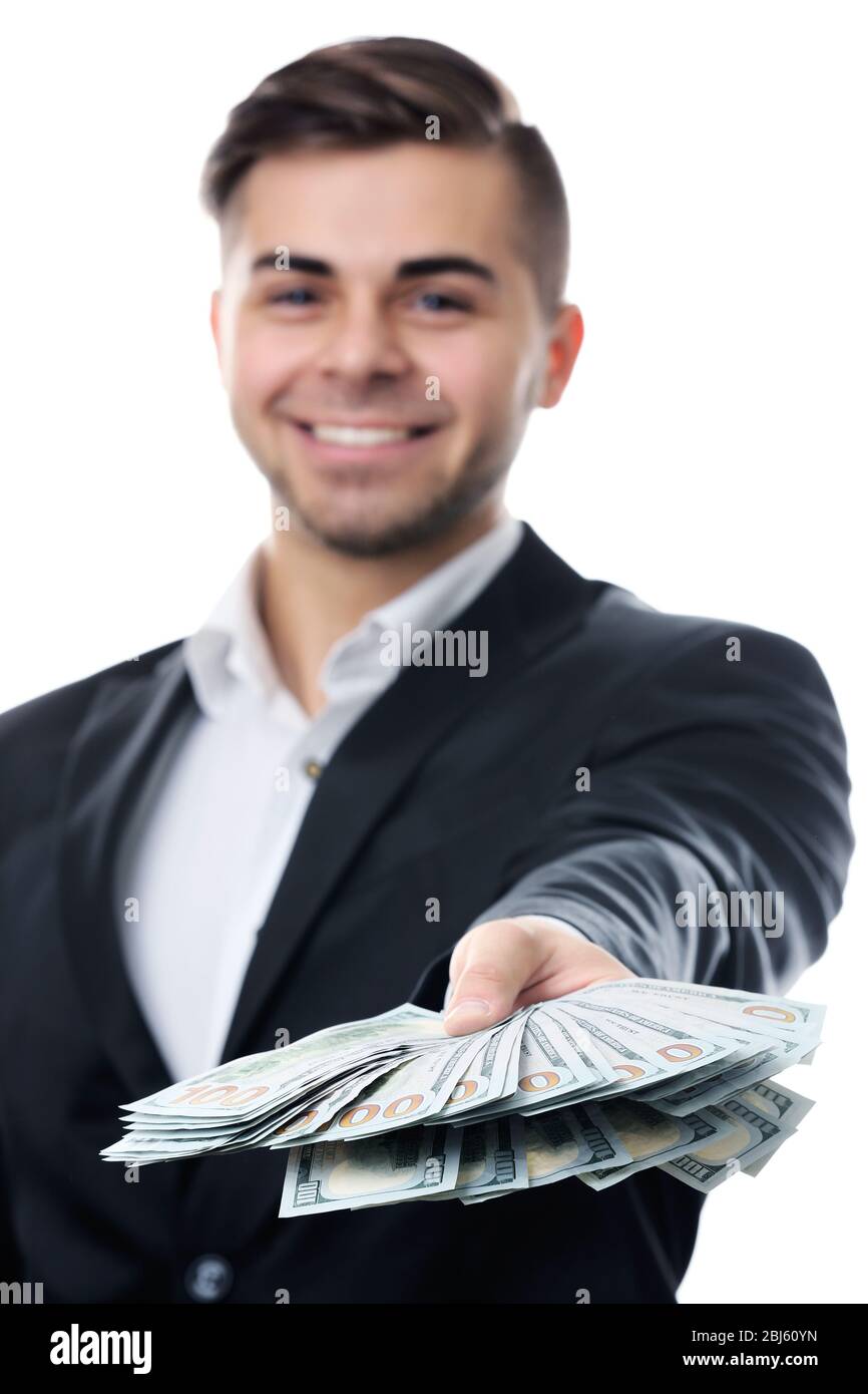 Man holding money isolated on white Stock Photo - Alamy