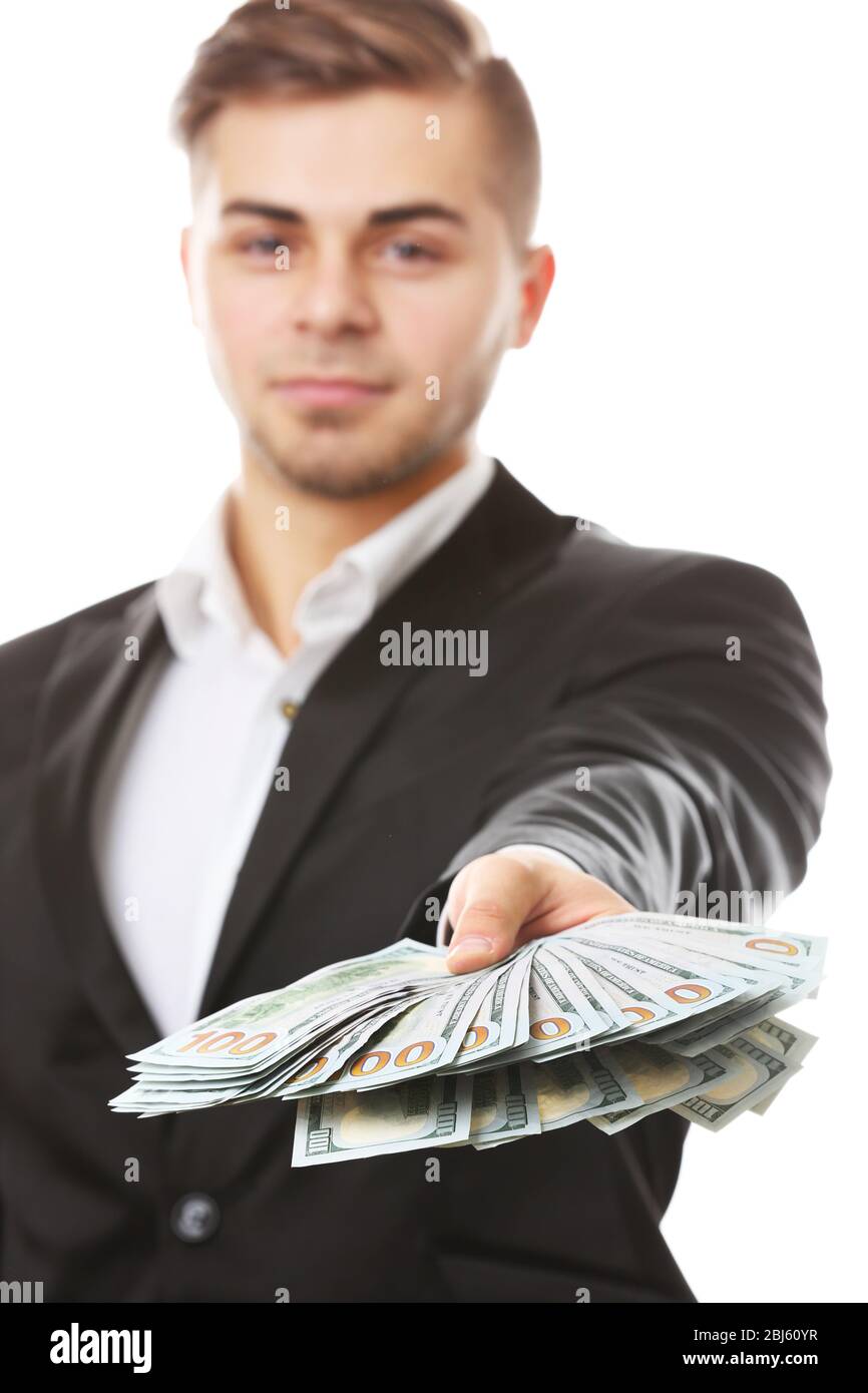 Man holding money isolated on white Stock Photo - Alamy