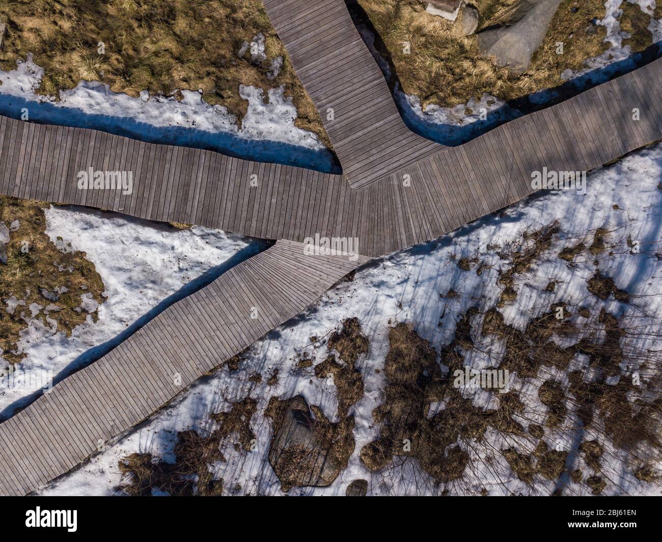 Aerial view of a pedestrian wooden bridge in spring Stock Photo - Alamy
