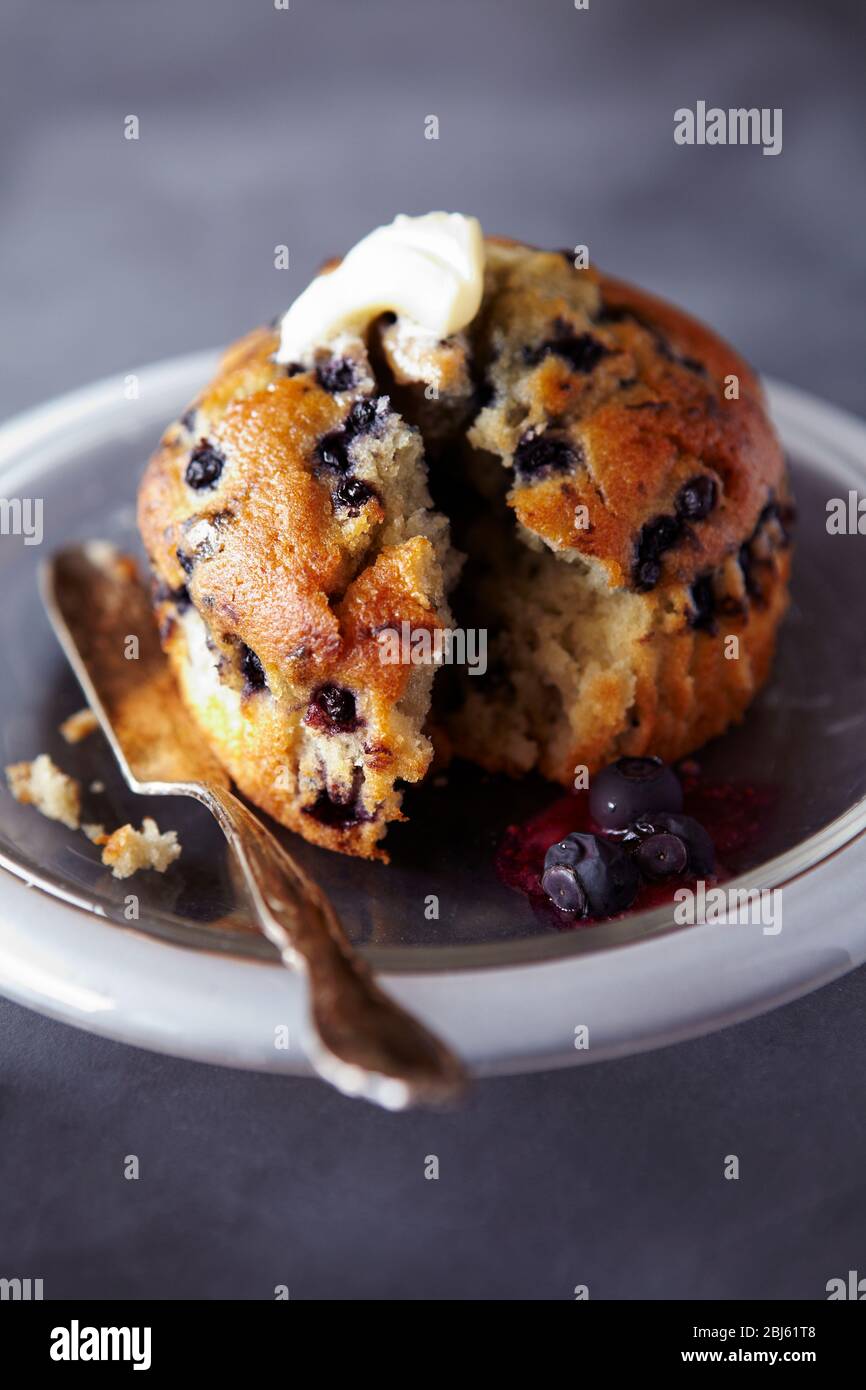 Blueberry Muffin with Butter Up Close Stock Photo - Alamy