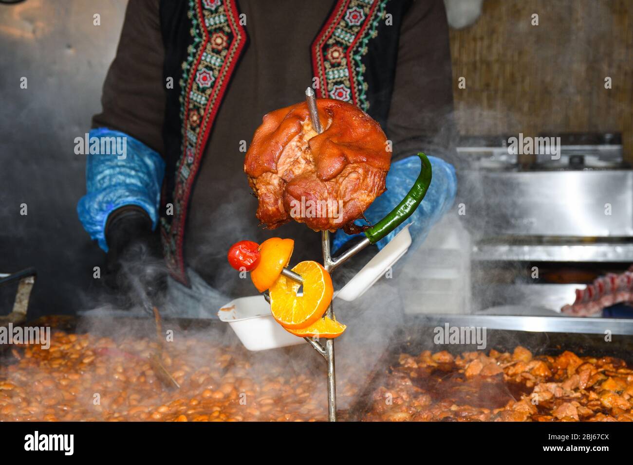 Beans stew, chili sin carne, large pot on fire cooking during food ...