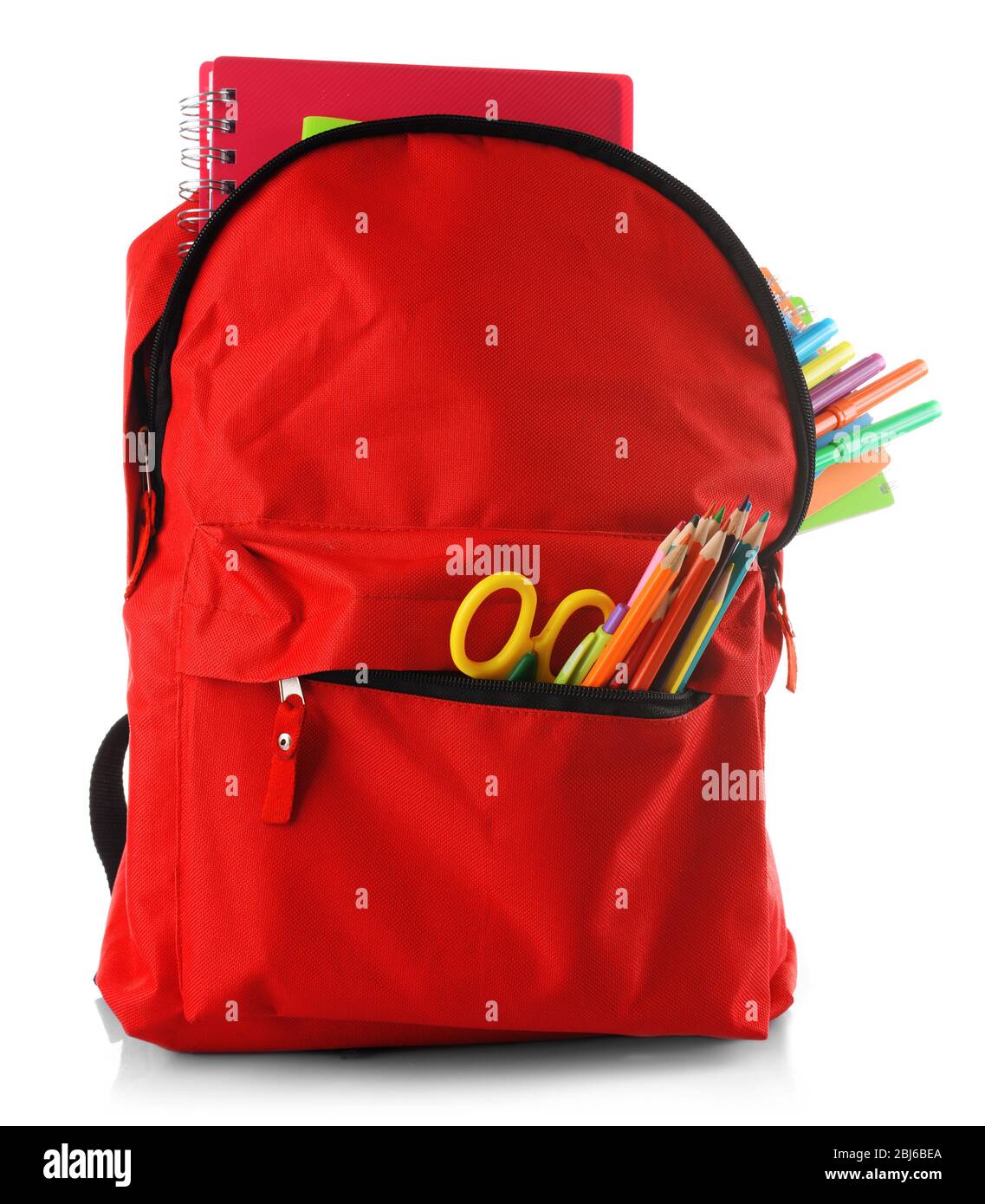 Red backpack with colourful stationary isolated on white background ...