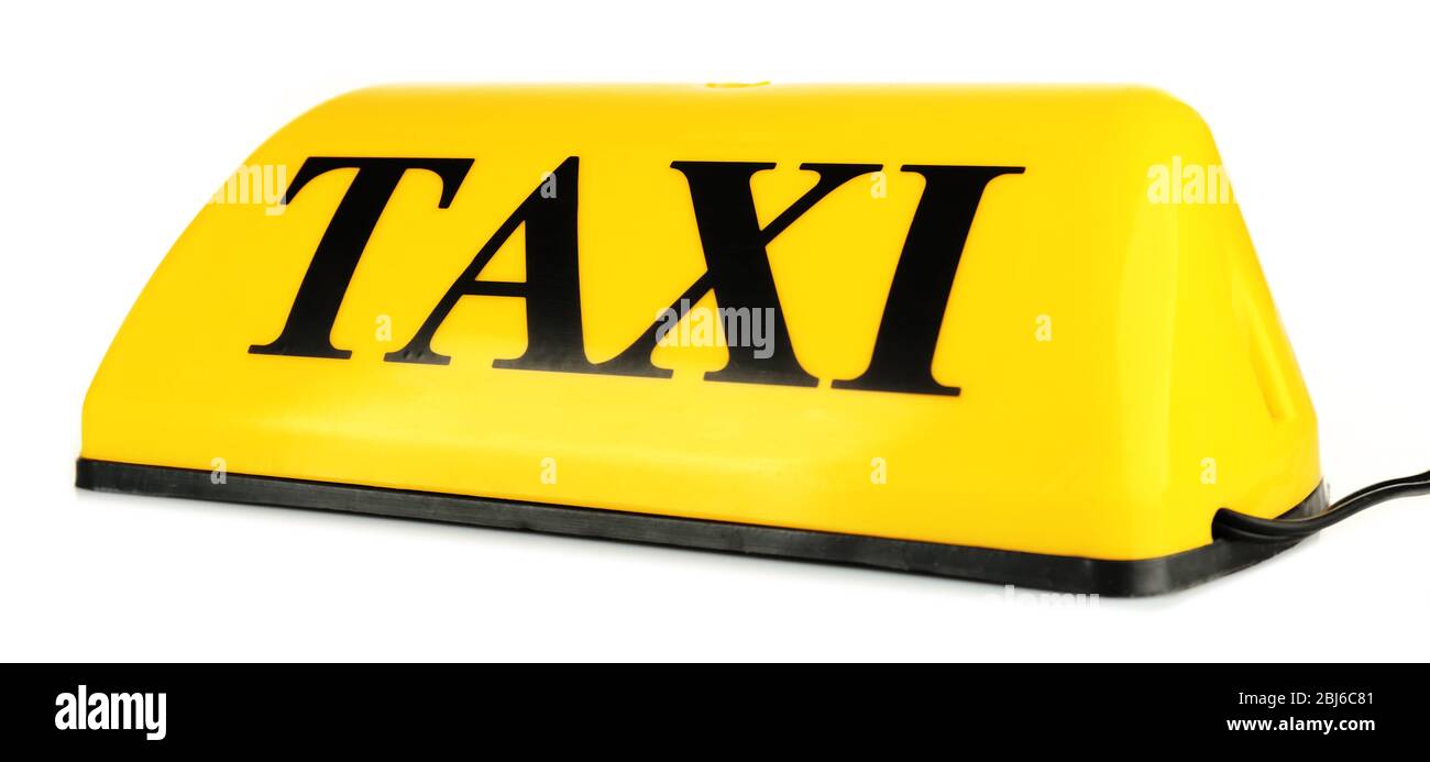 Transportation concept. Yellow taxi sign isolated on white background ...