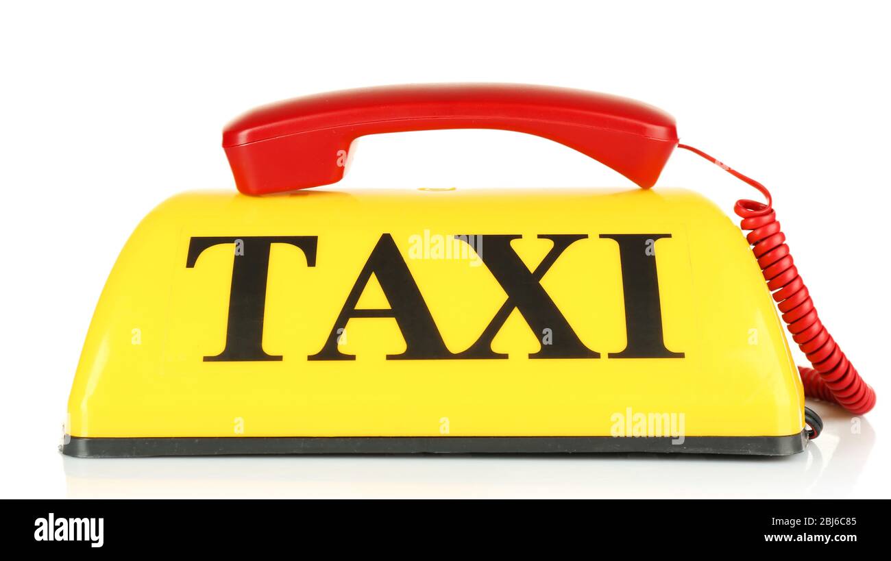 Transportation concept. Yellow taxi sign with red receiver isolated on ...