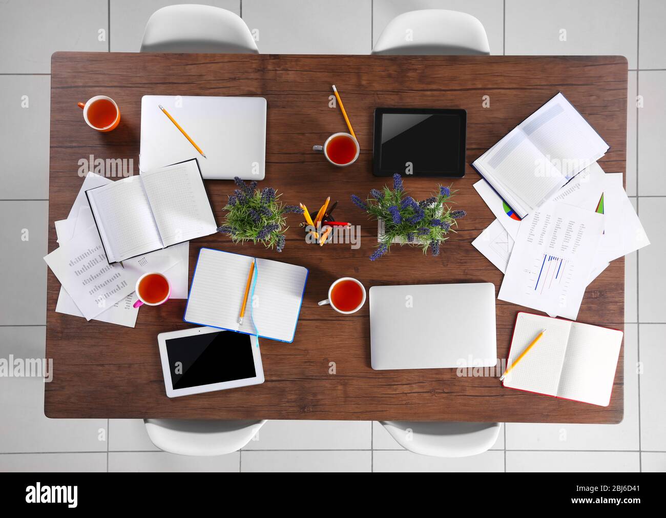 Office table for meetings, top view Stock Photo - Alamy