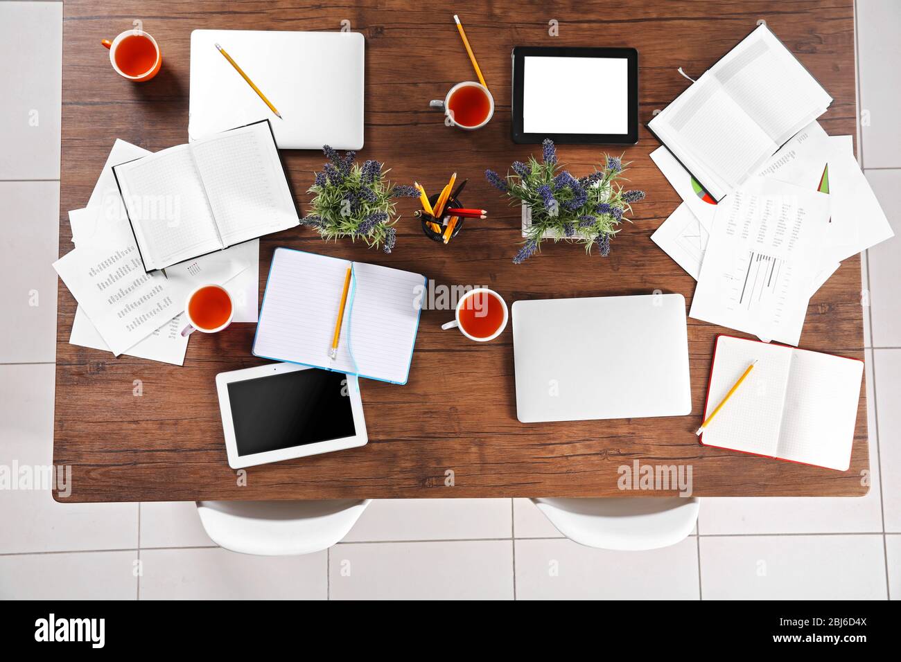 Office table for meetings, top view Stock Photo - Alamy