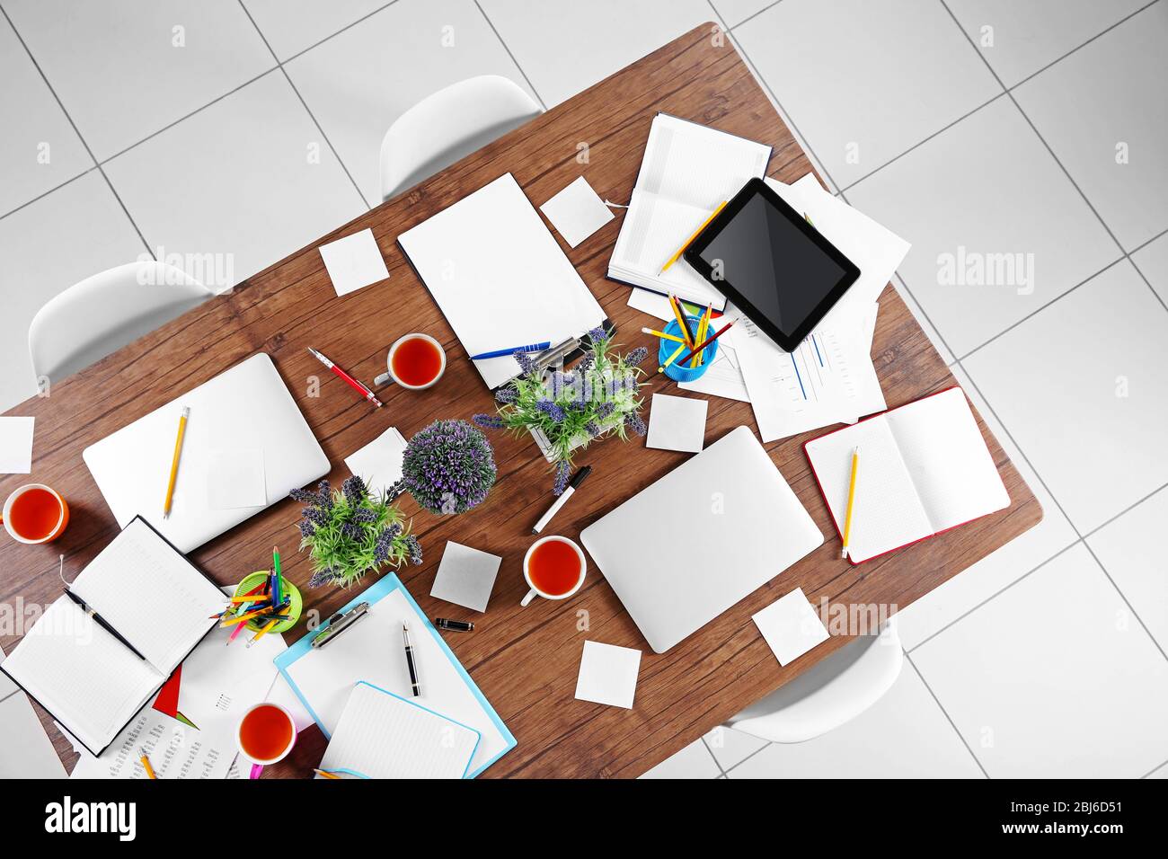 Office table for meetings, top view Stock Photo - Alamy