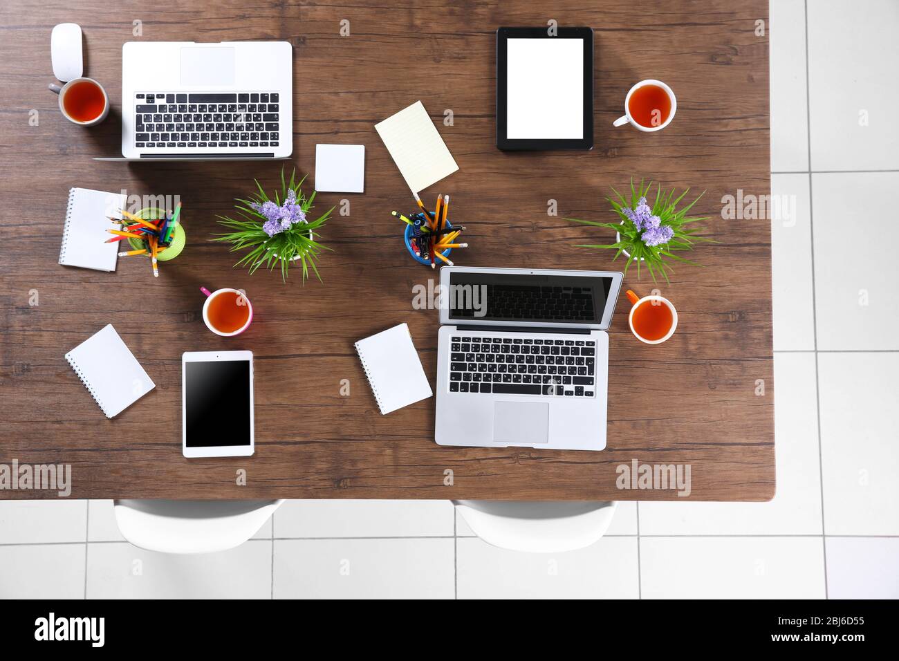 Office table for meetings, top view Stock Photo - Alamy