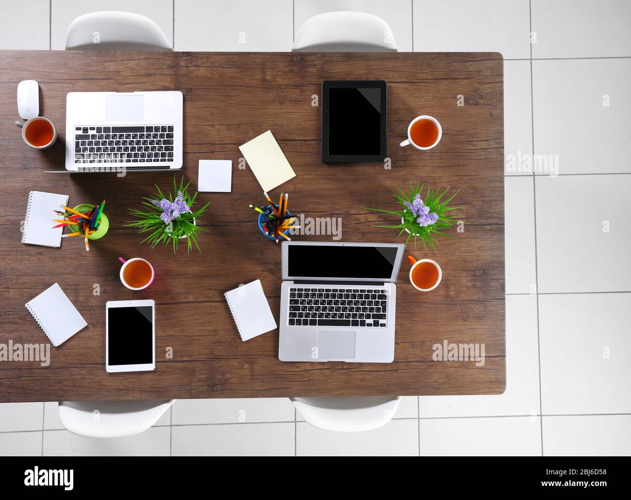 Office table for meetings, top view Stock Photo - Alamy