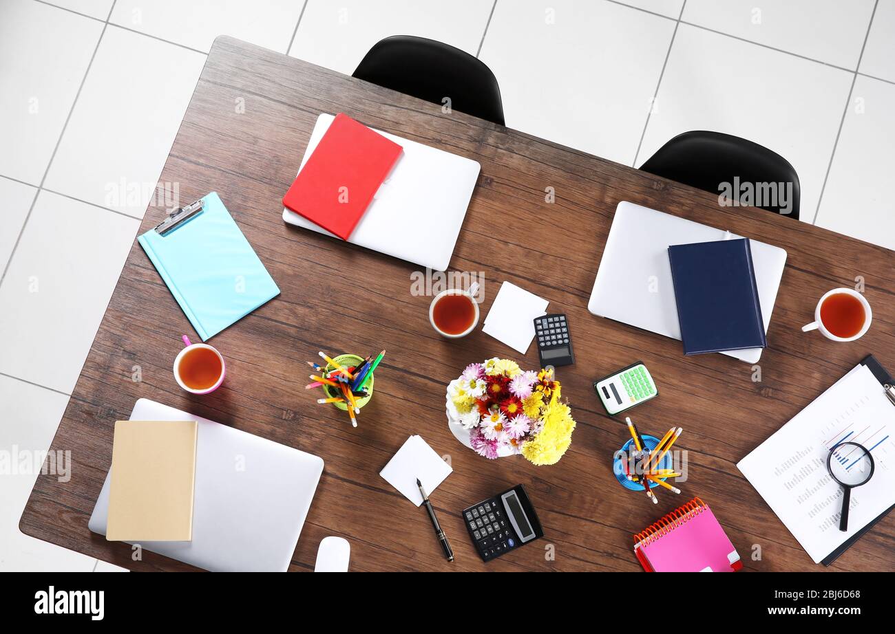 Office table for meetings, top view Stock Photo - Alamy