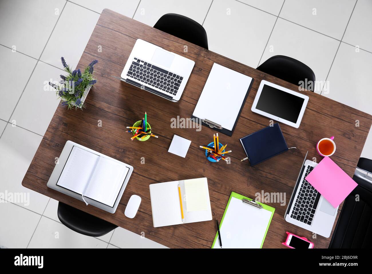 Office table for meetings, top view Stock Photo - Alamy