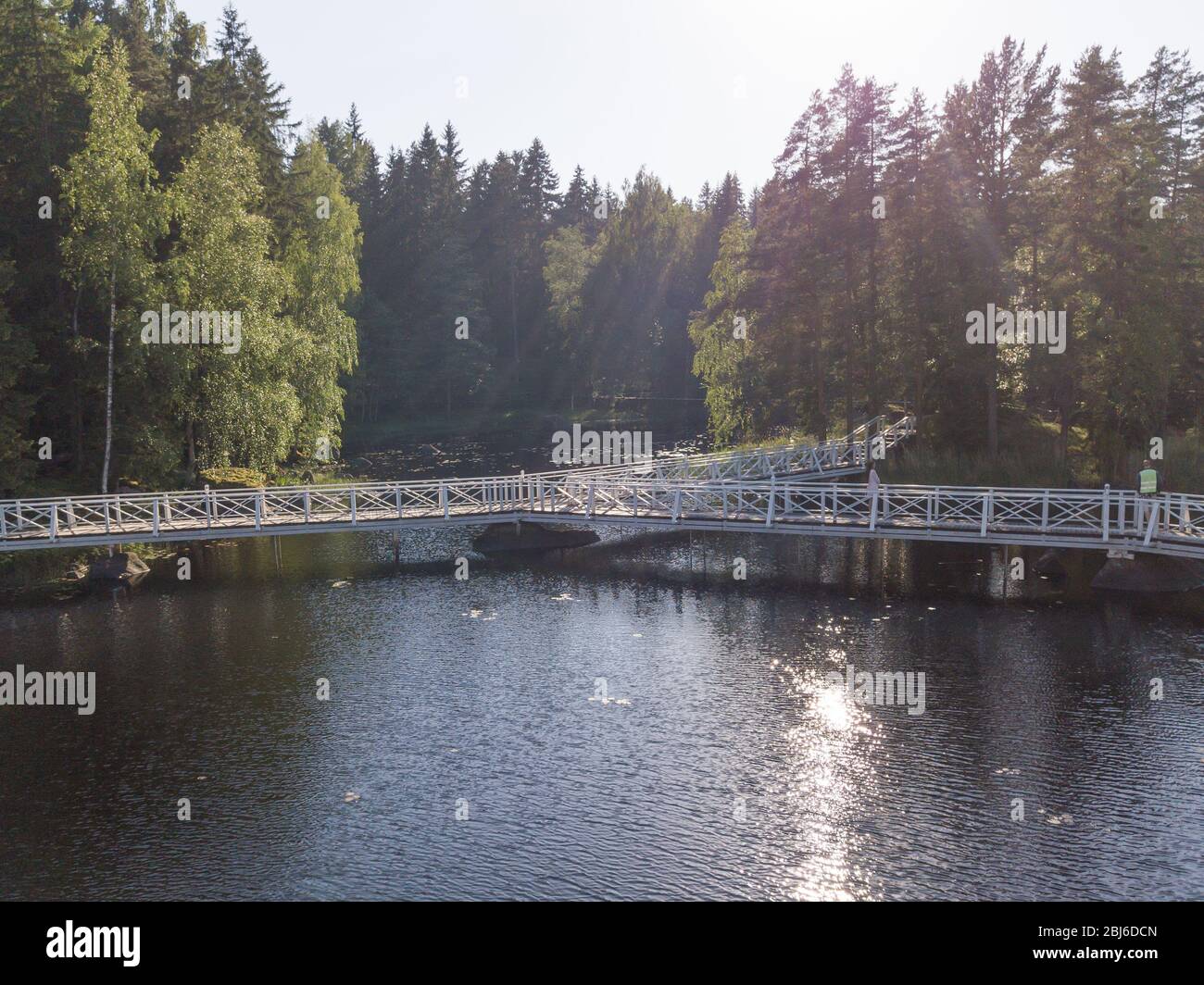 Aerial view of the forest lake with white bridges above the water ...