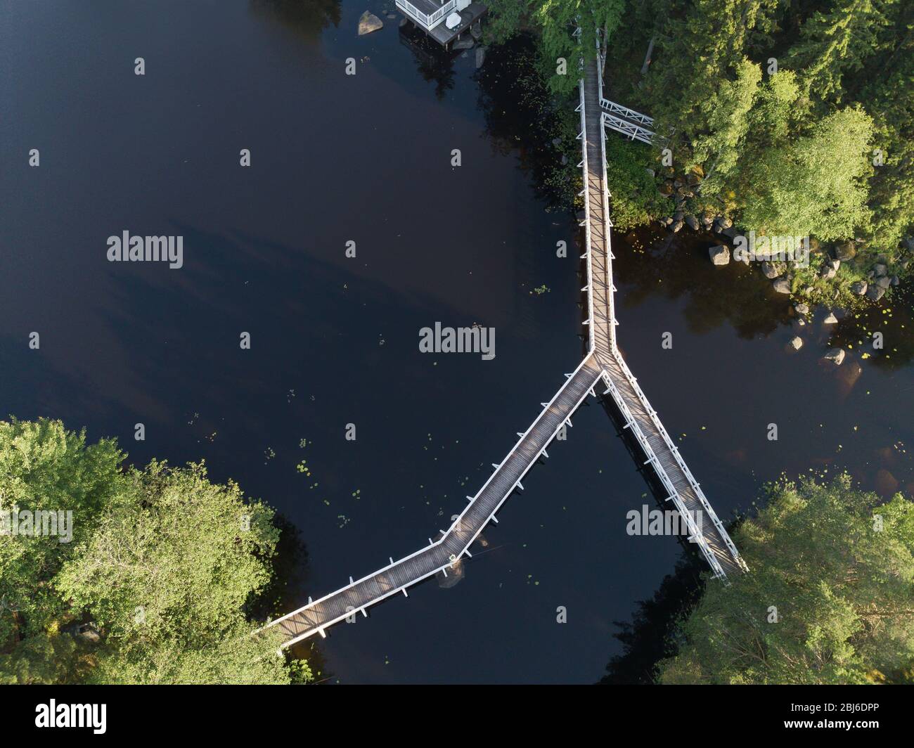 Aerial view of the forest lake with white bridges above the water ...