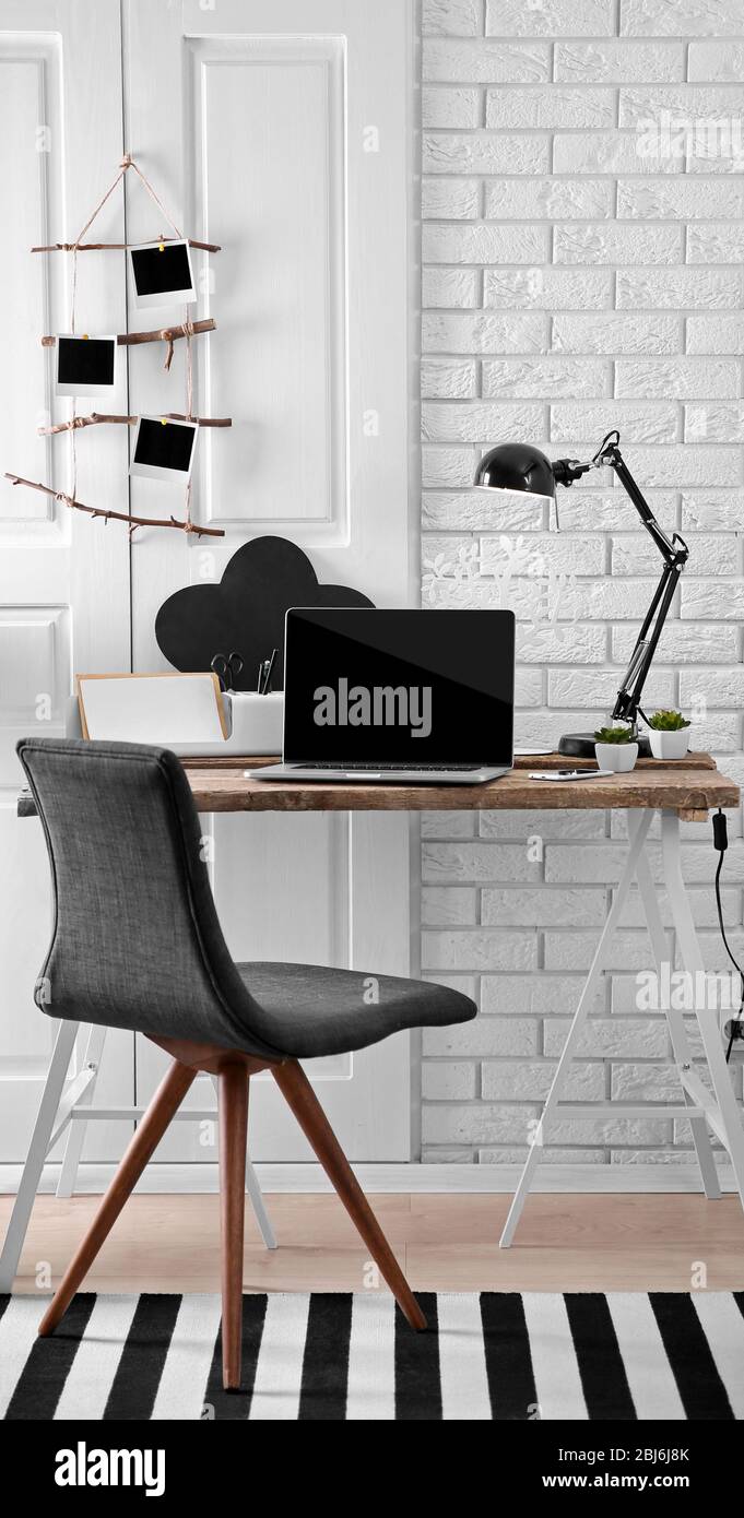 Modern monochrome workplace on light background Stock Photo - Alamy