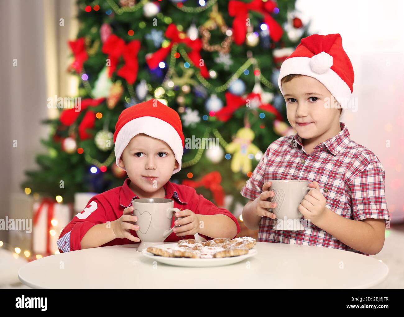 Two cute small brothers eating cookies on Christmas decoration ...