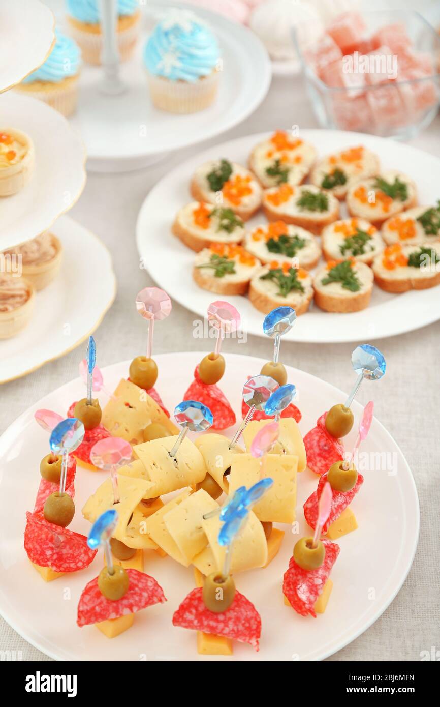 Set of cold snacks, canape and dessert, closeup Stock Photo - Alamy