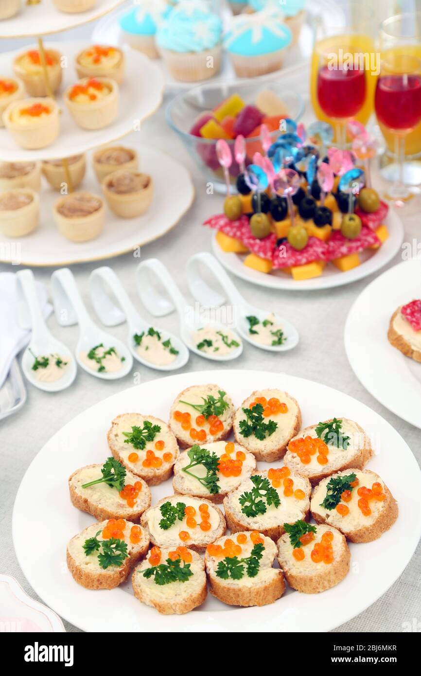 Set of cold snacks, canape, beverages and dessert, closeup Stock Photo ...